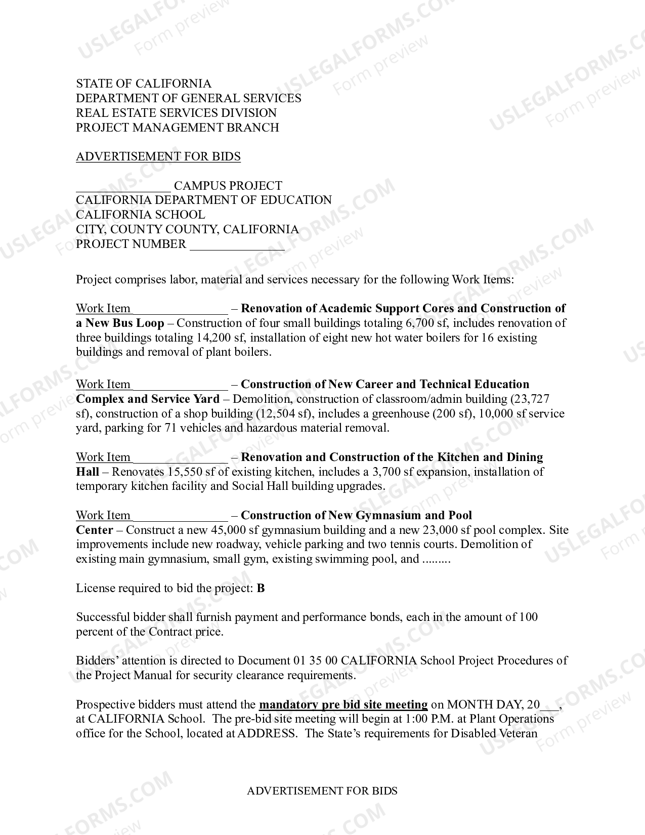California Construction - Advertisement for Bids | US Legal Forms