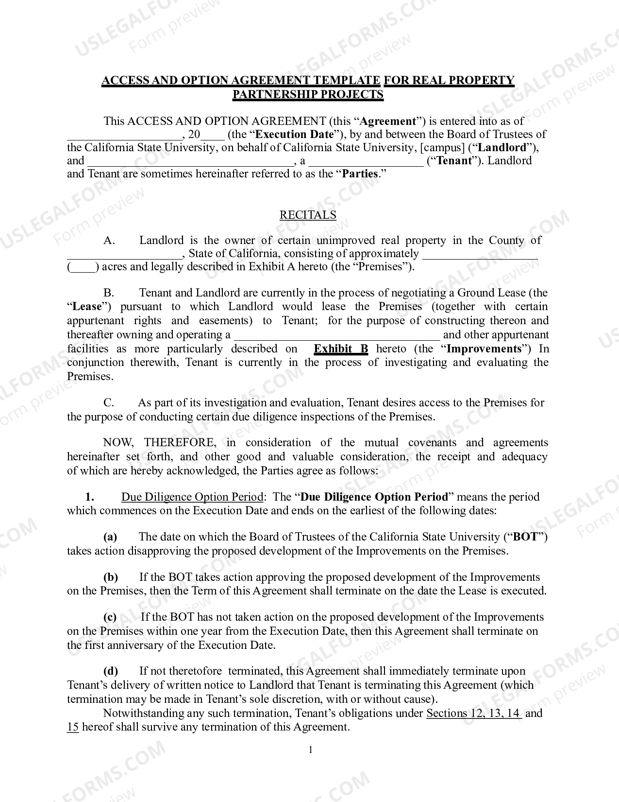California Access and Option Agreement Templete for Real Property ...