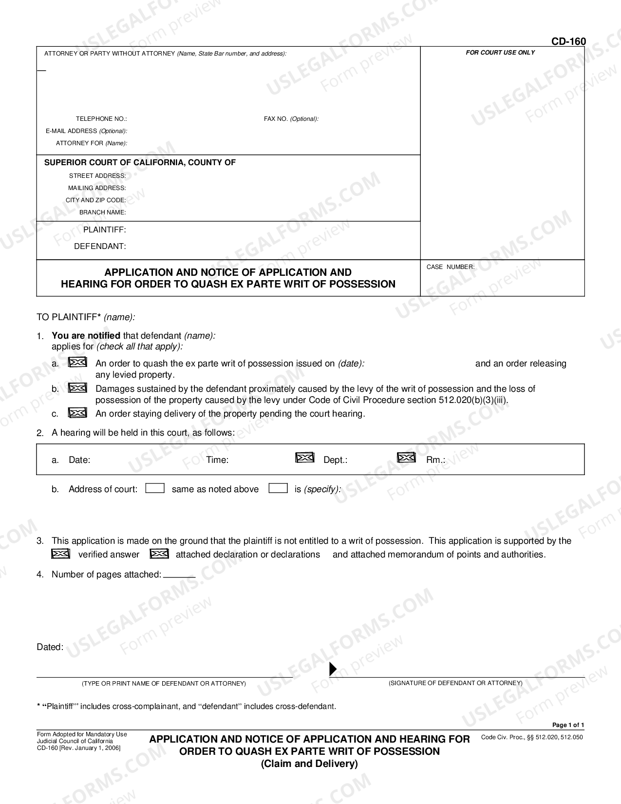 California Application and Notice of Application and Hearing for Order ...