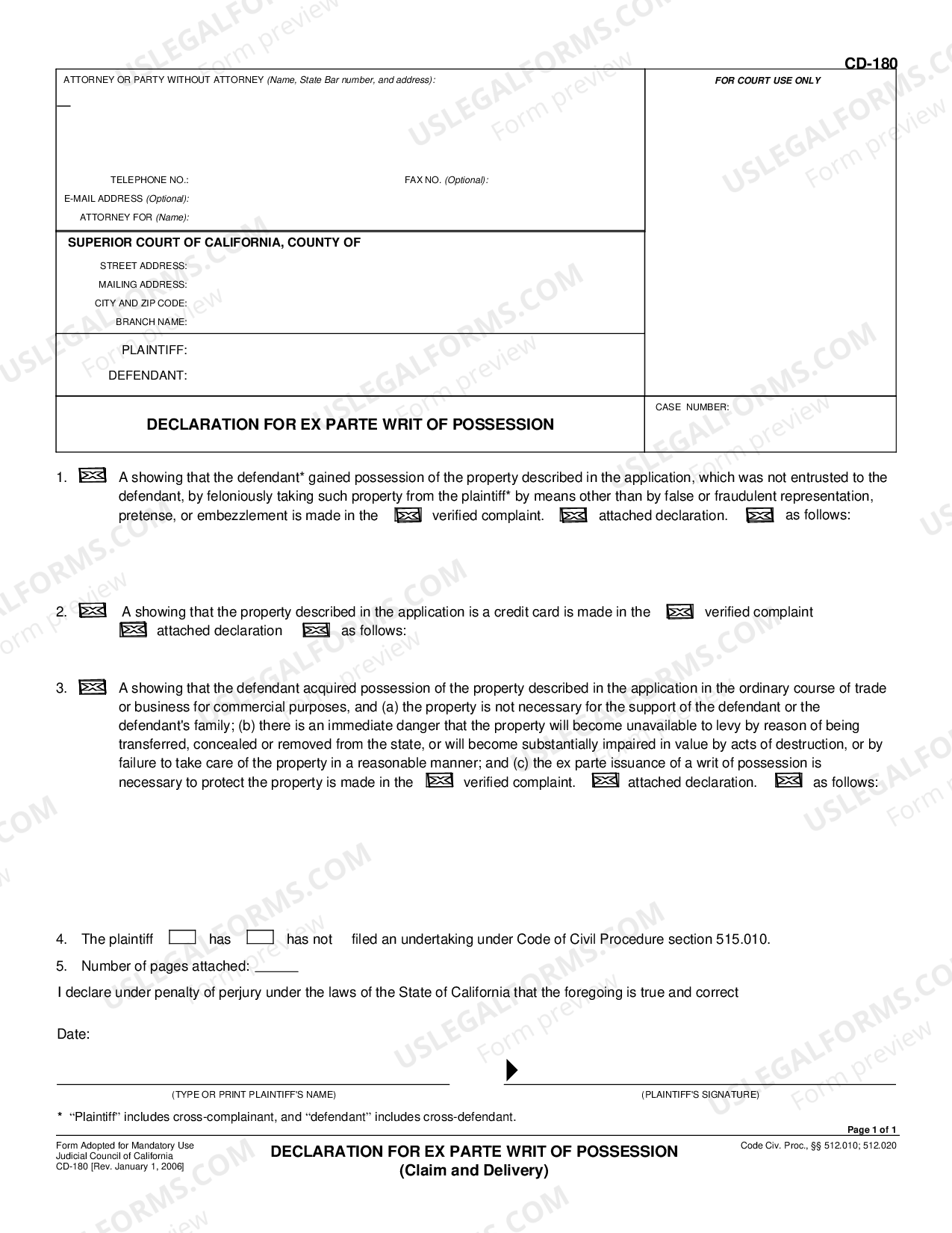 California Declaration for Ex Parte Writ of Possession - Writ Of ...