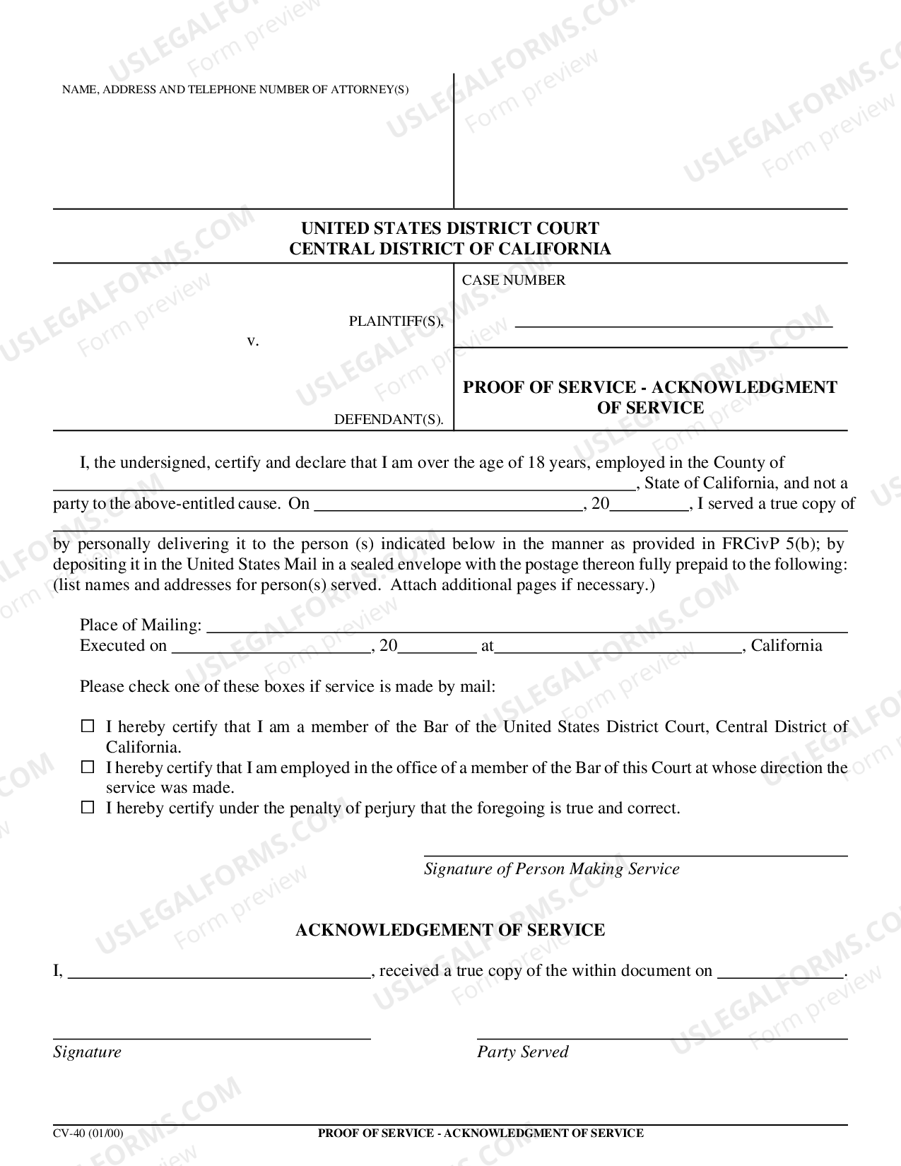 California Proof of Service - Acknowledgment of Service | US Legal Forms