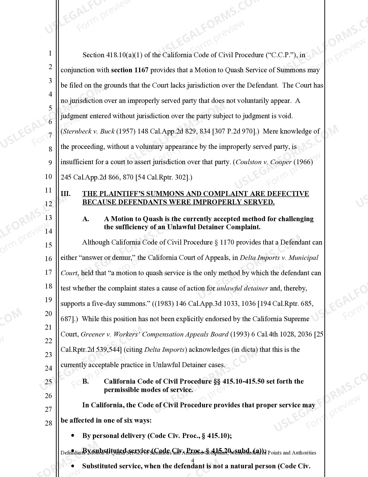 California Motion to Quash and Memorandum | US Legal Forms