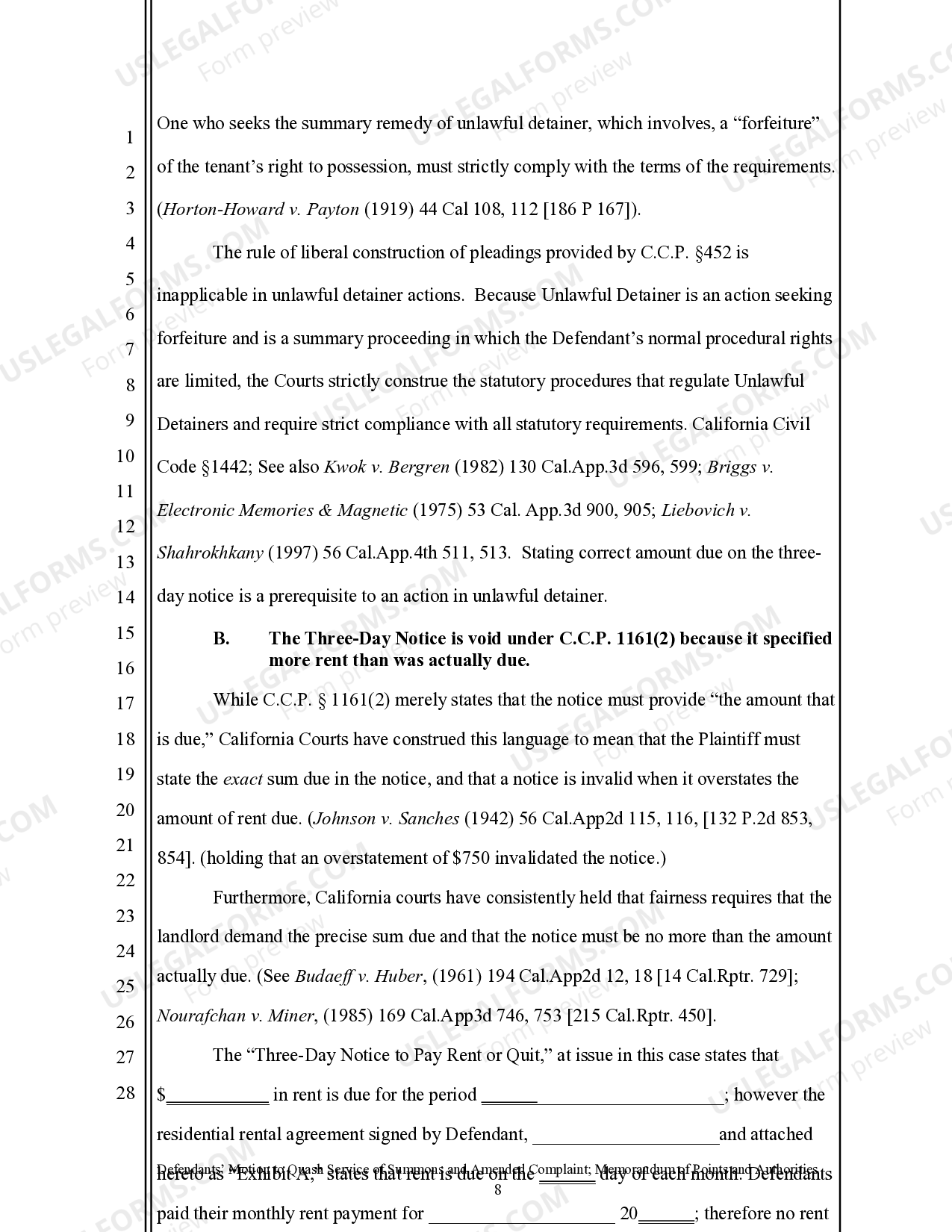 California Motion to Quash and Memorandum | US Legal Forms