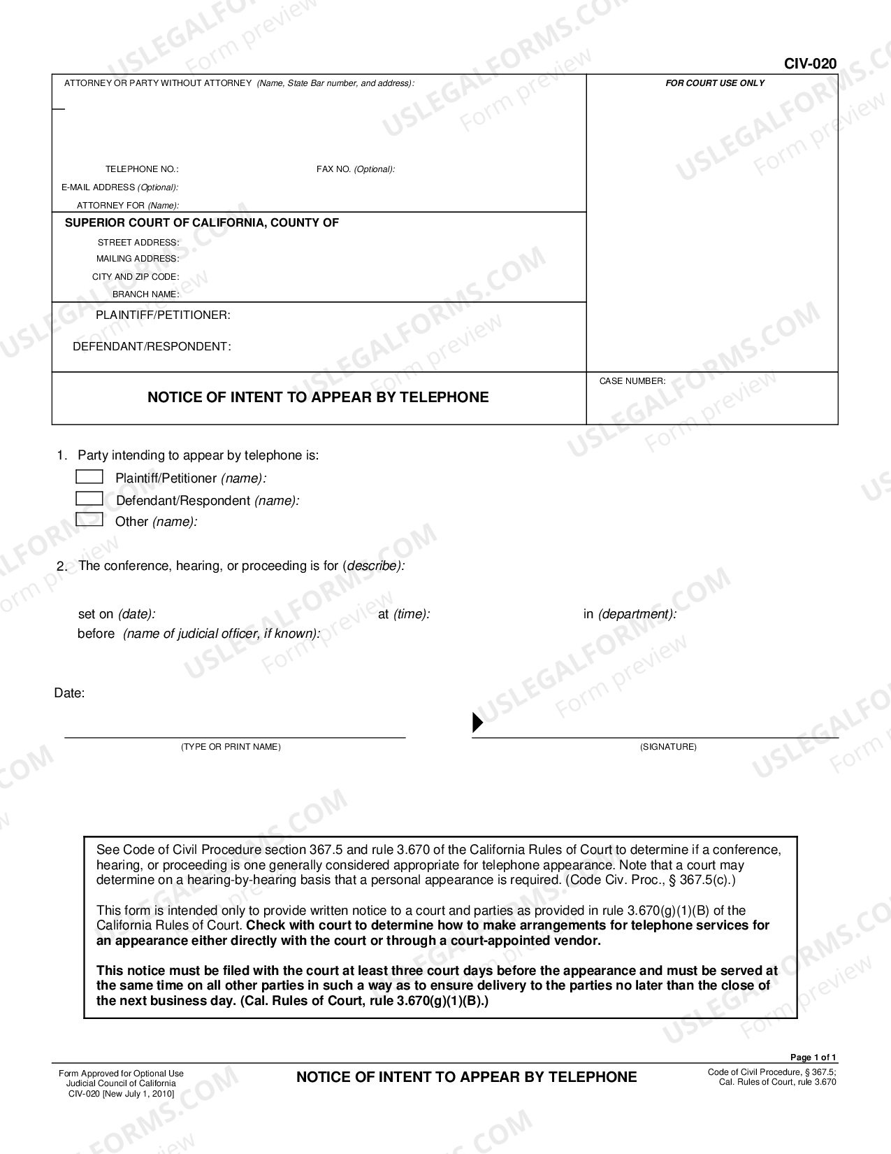 California Notice of Intent to Appear by Telephone - Civ 020 | US Legal ...