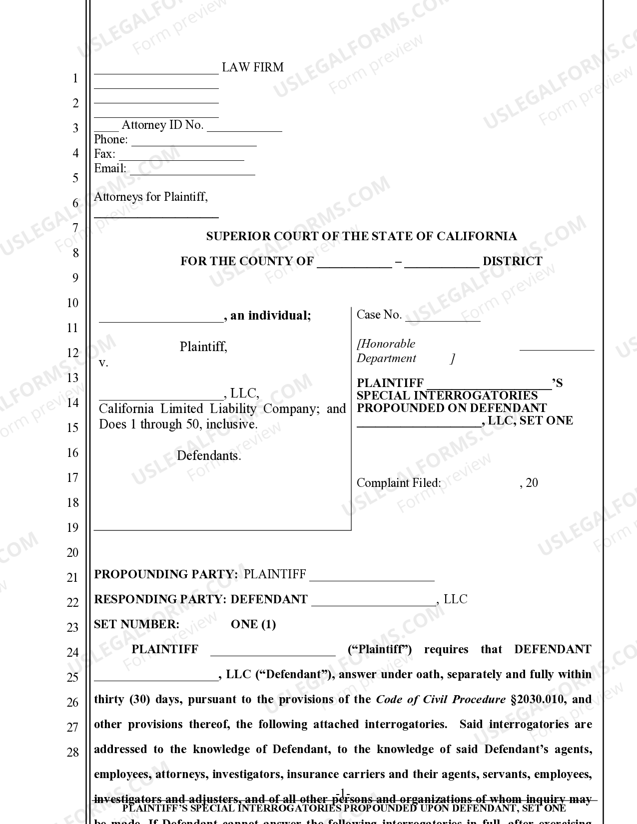 California Special Interrogatories in civil action involving employment ...