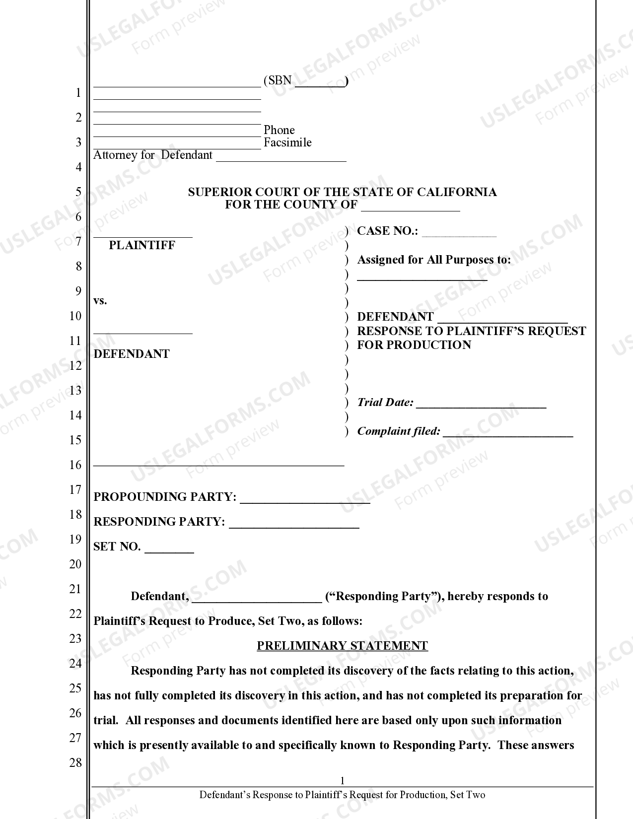 California Defendant's Response to Request for Production | US Legal Forms