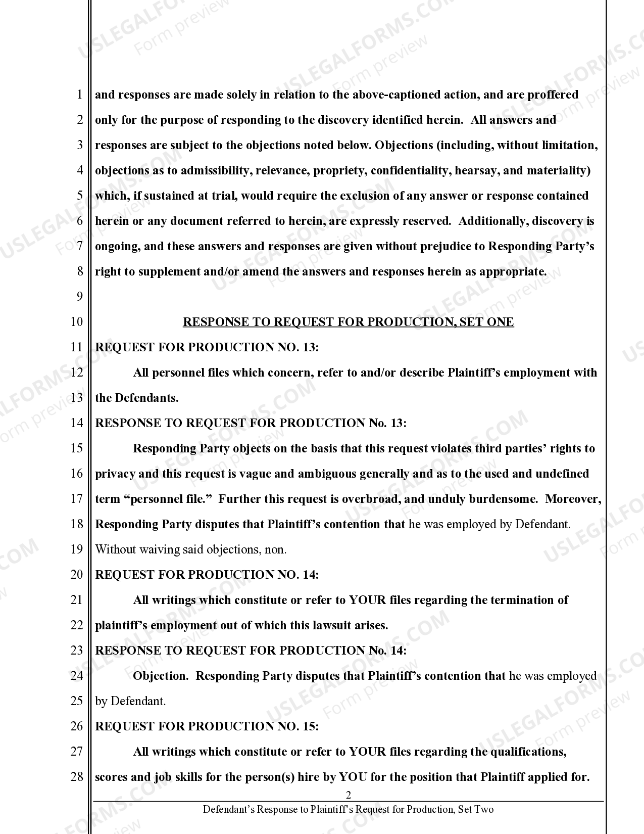 California Defendant's Response to Request for Production | US Legal Forms