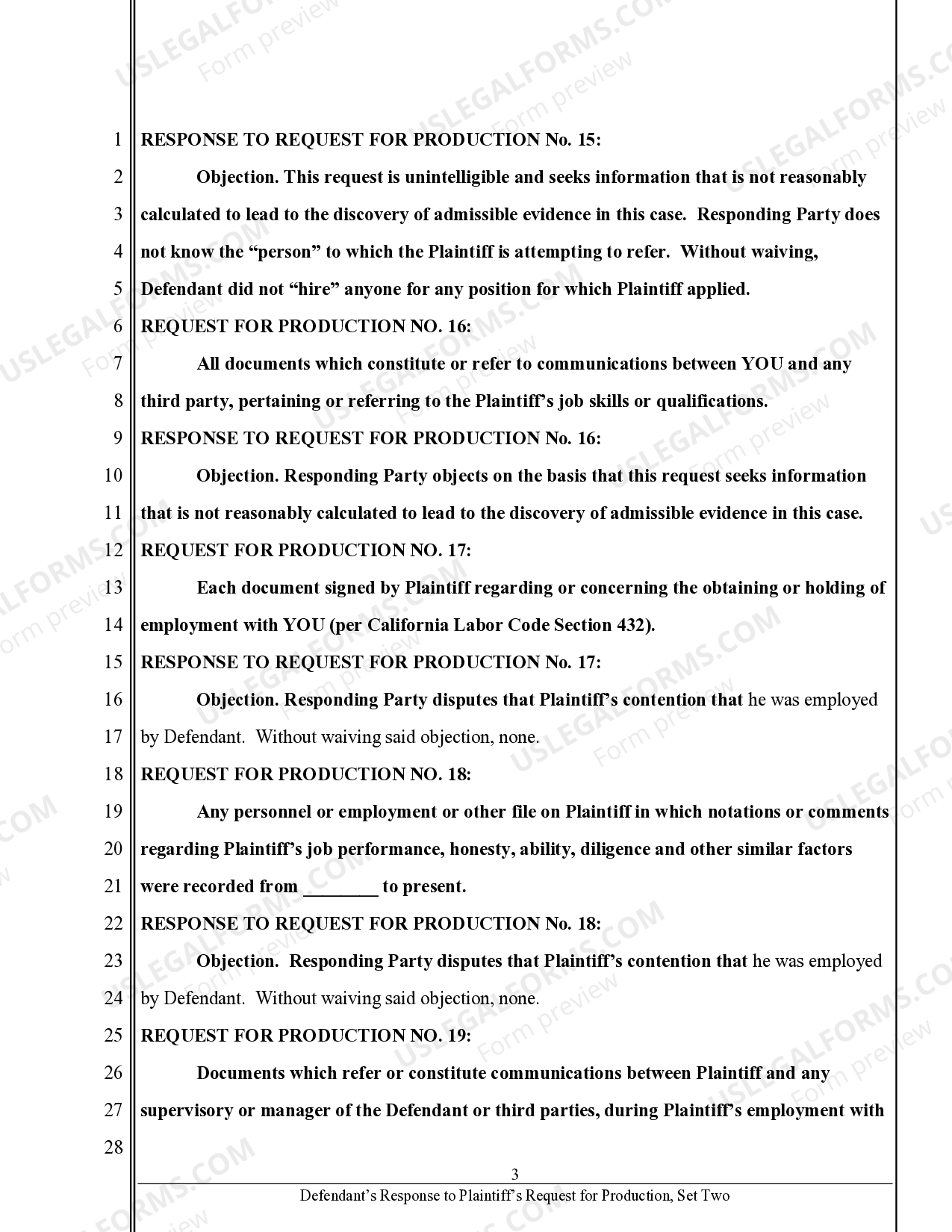 California Defendant's Response to Request for Production | US Legal Forms