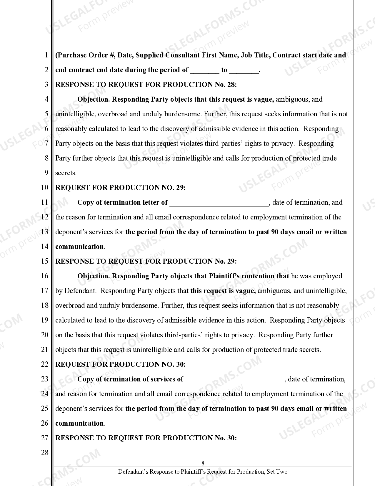 California Defendant's Response to Request for Production | US Legal Forms