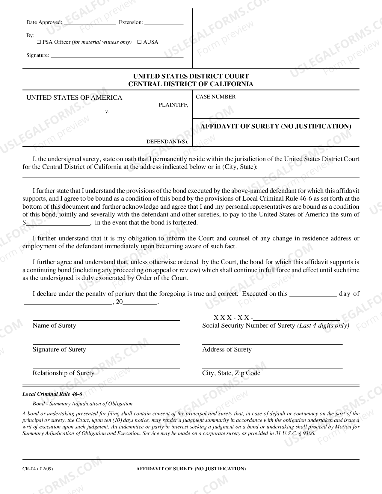 California Affidavit of Surety - No Justification - Asurity Bond | US ...