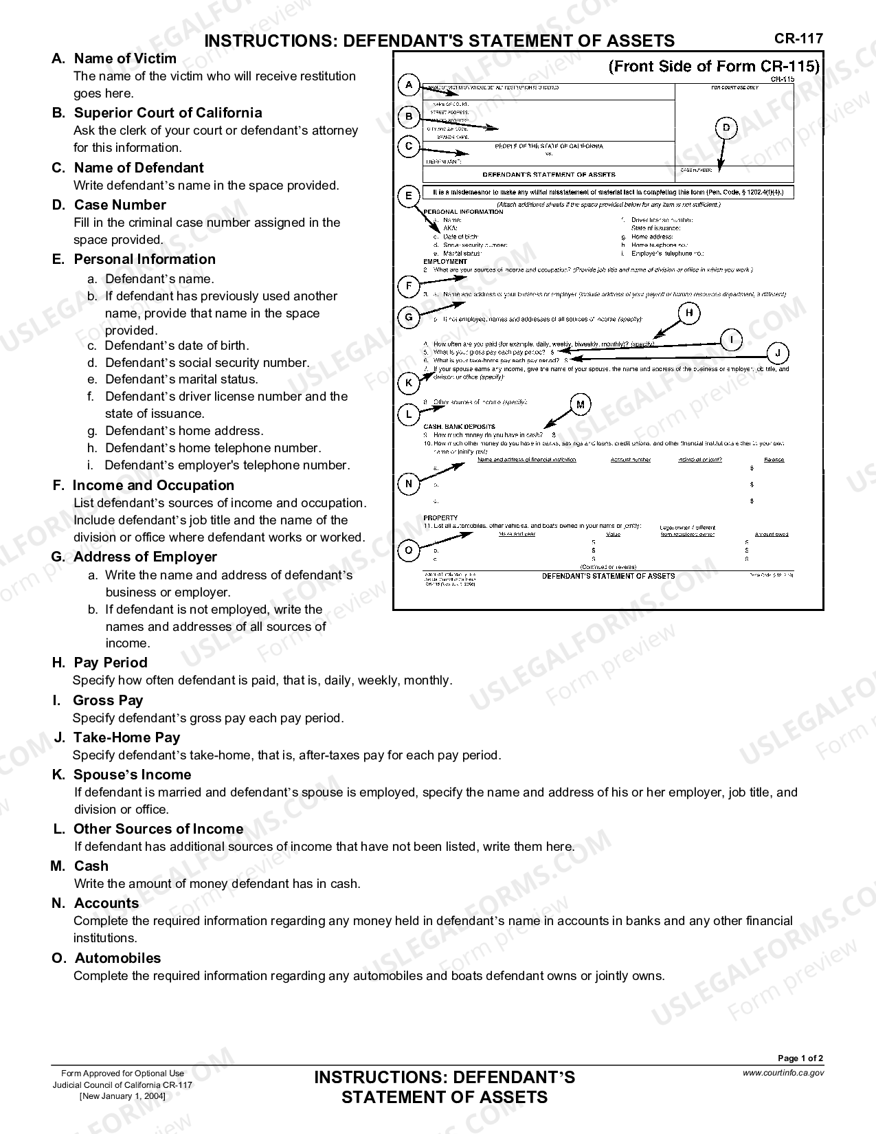 California Instruction form for filling out Defendant's Statement of ...
