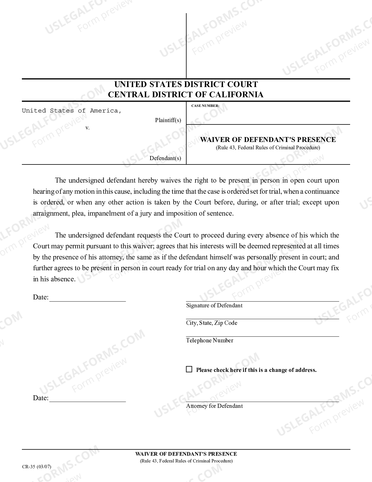 California Waiver of Defendants Presence | US Legal Forms