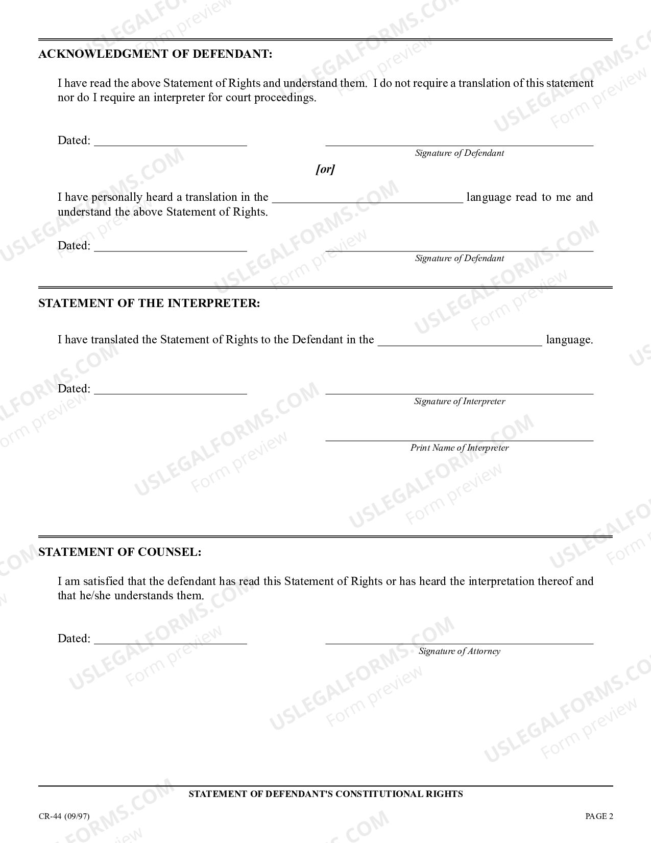 California Statement of Defendant's Constitutional Rights | US Legal Forms