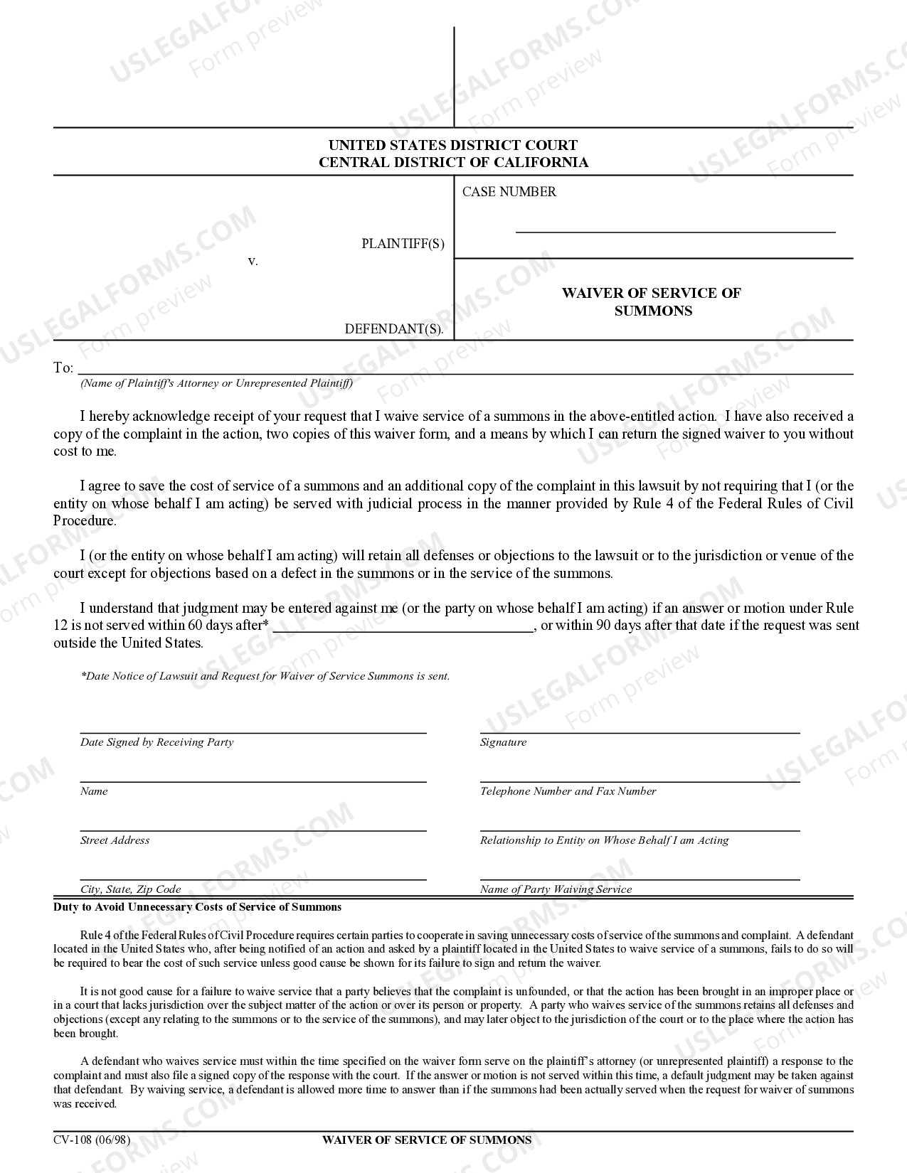 California Waiver of Service of Summons - Waiver Of Service California ...