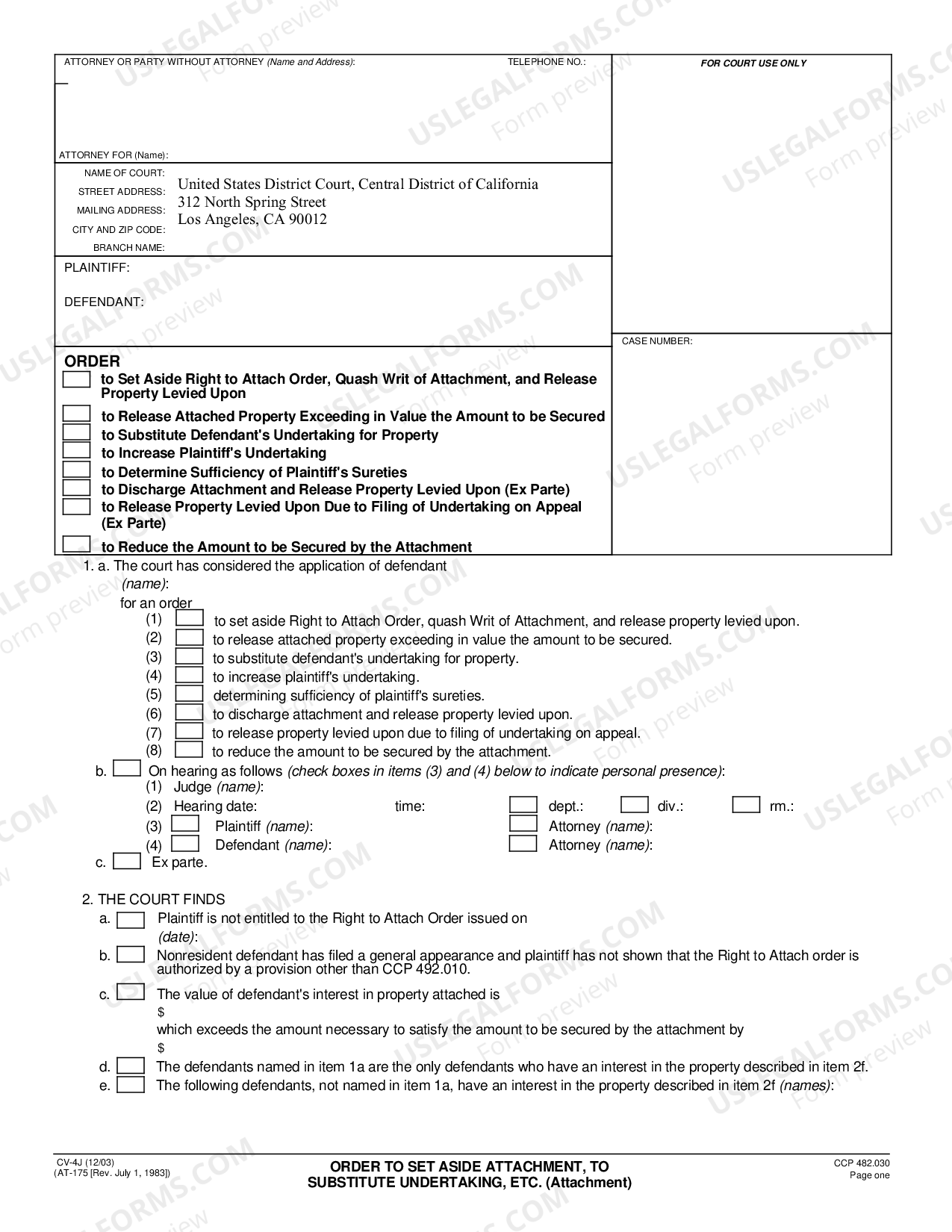 California Order to Set Aside Attachment, to Substitute Undertaking ...