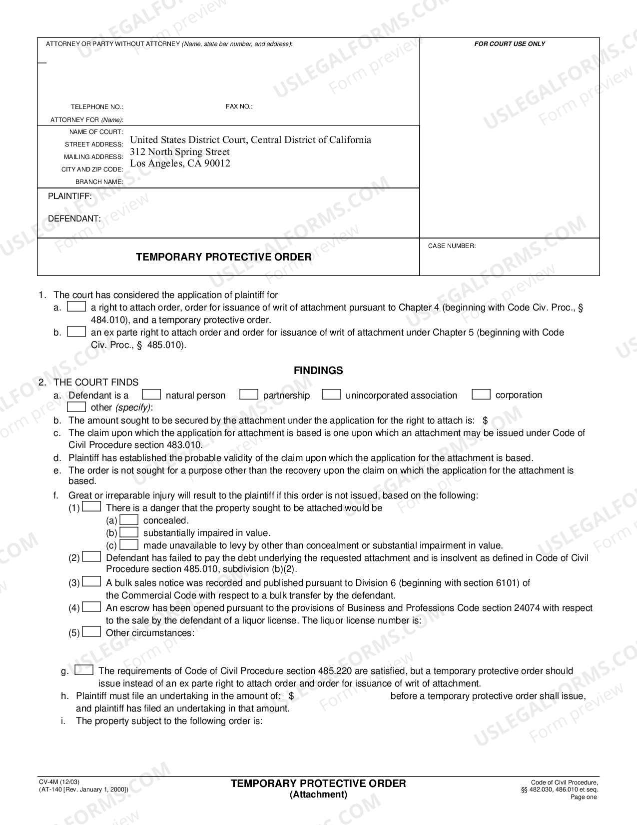 California Temporary Protective Order - Attachment | US Legal Forms