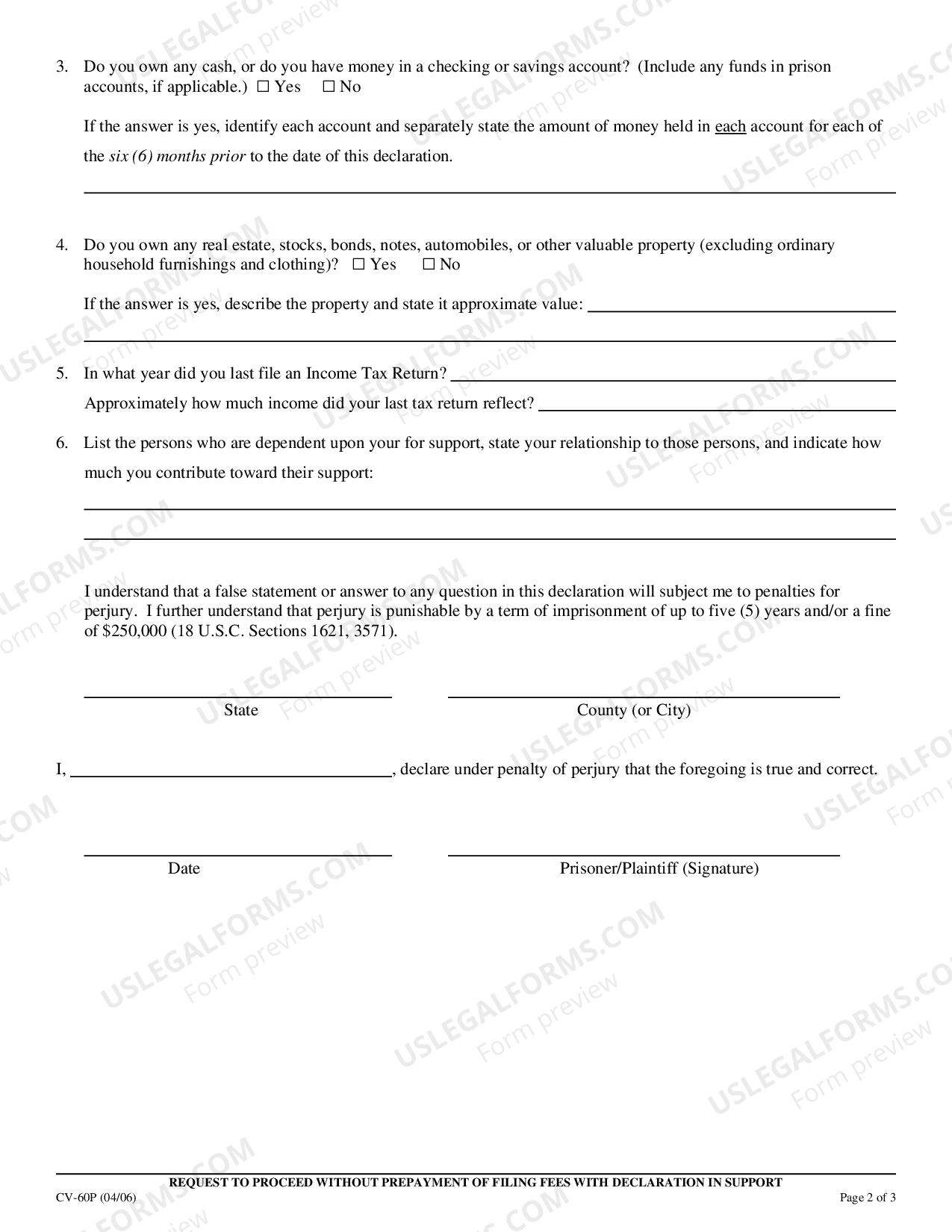 California Request to Proceed without Prepayment of Filing Fees with ...