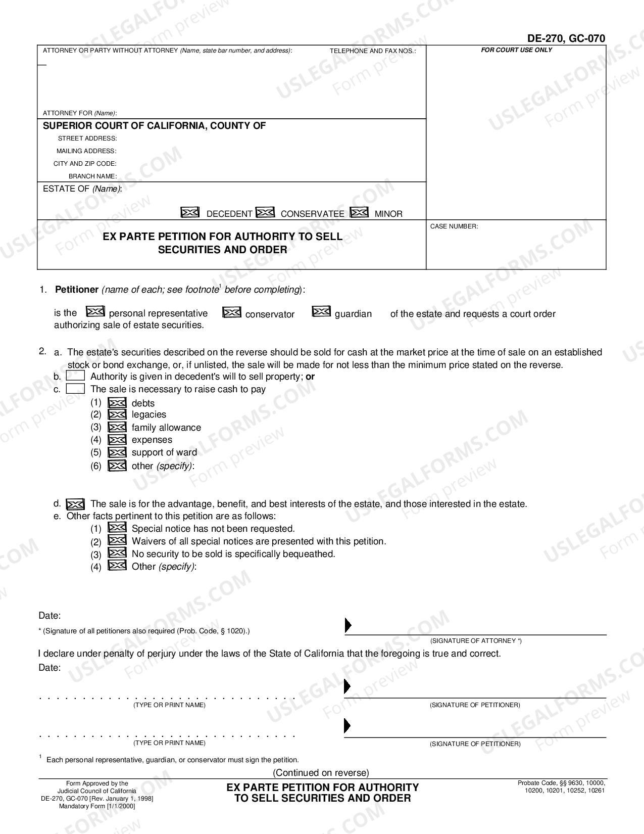 California Ex Parte Petition for Authority to Sell Securities and Order ...