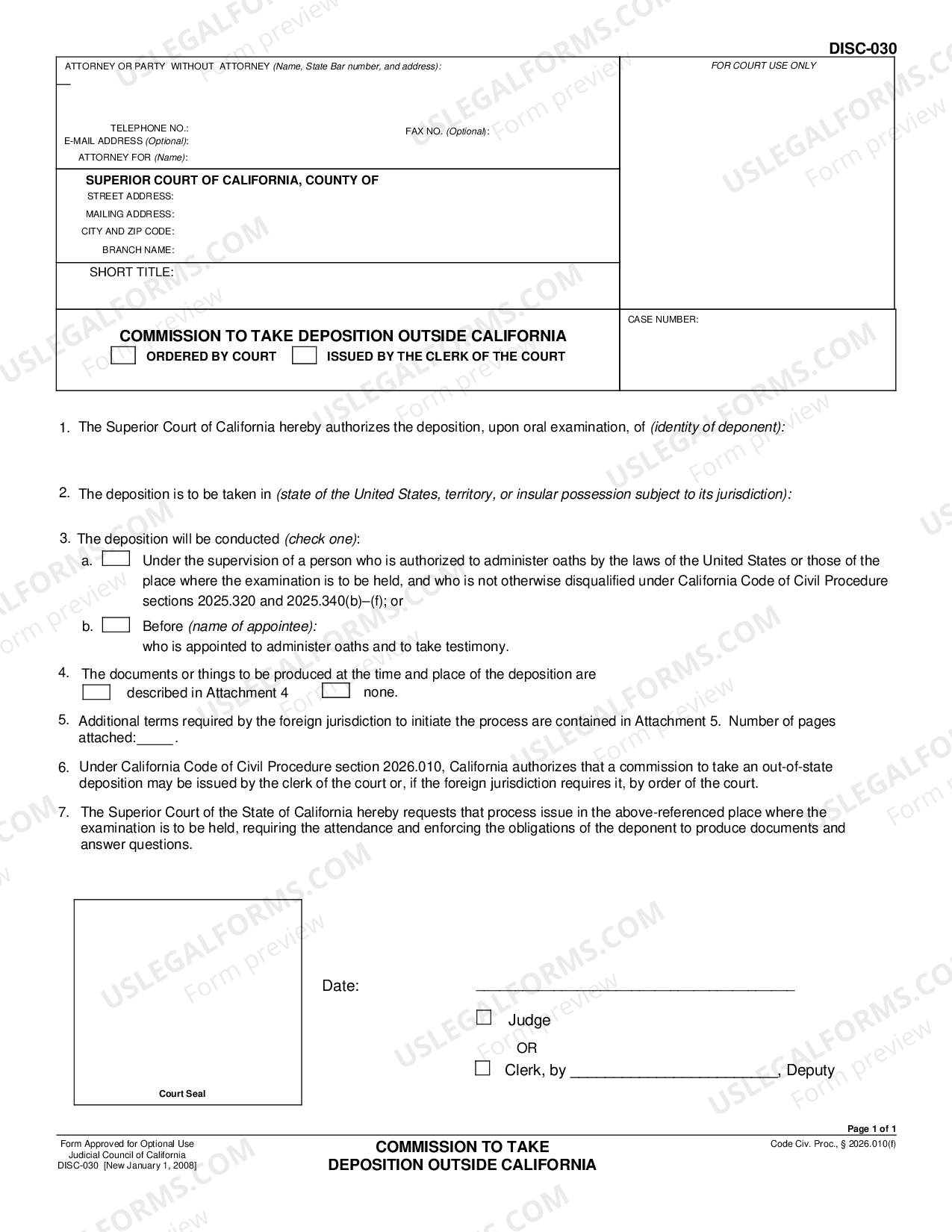 Commission to Take Deposition Outside California | US Legal Forms