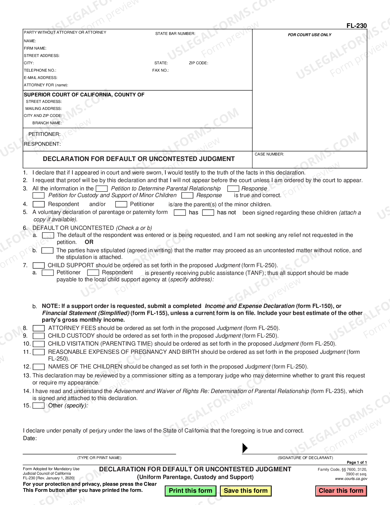 California Declaration for Default or Uncontested Judgment - Uniform ...