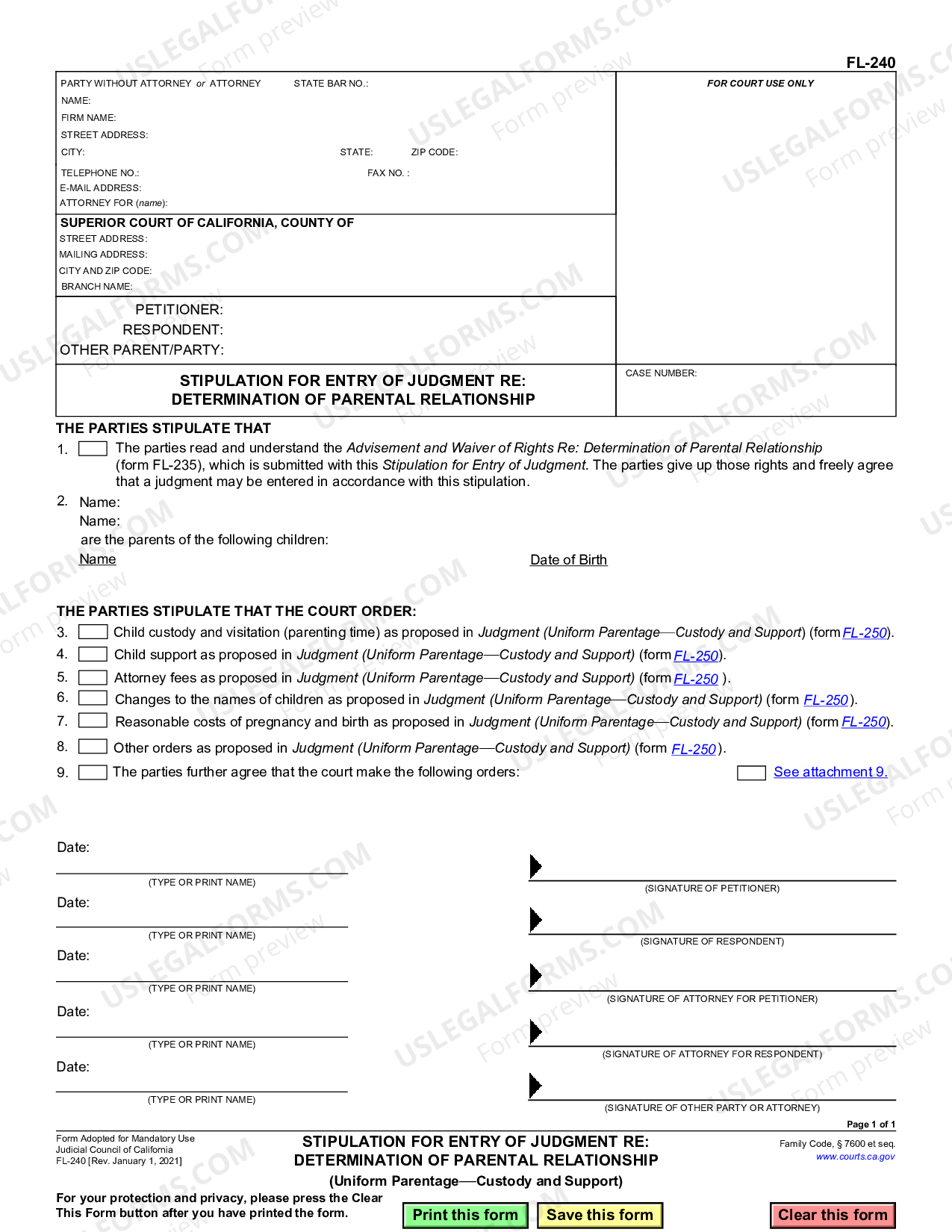 California Stipulation for Entry of Judgment regarding Establishment of ...