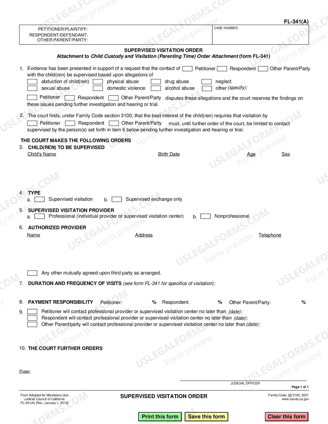 California Supervised Visitation Order | US Legal Forms