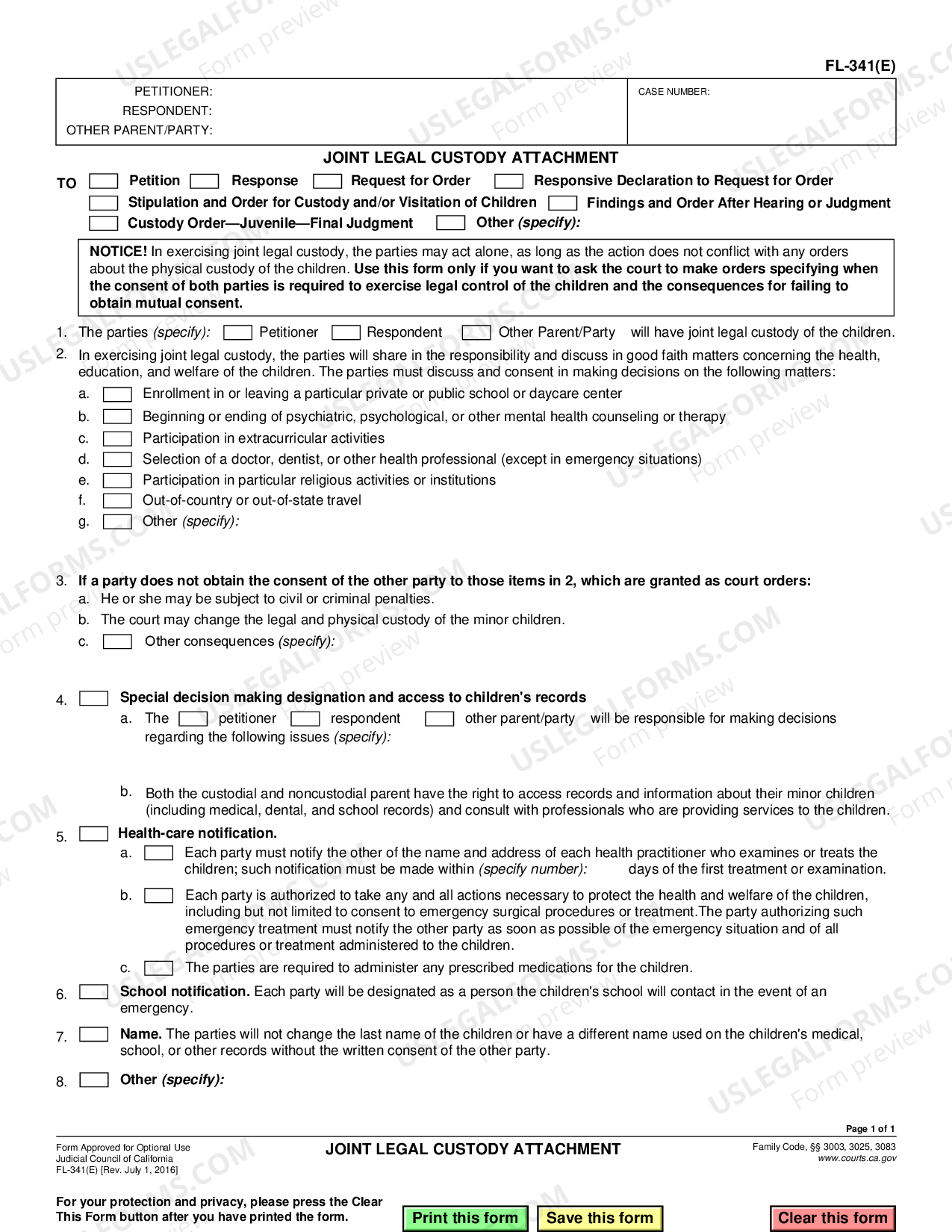 California Joint Legal Custody Attachment - Fl 341e | US Legal Forms
