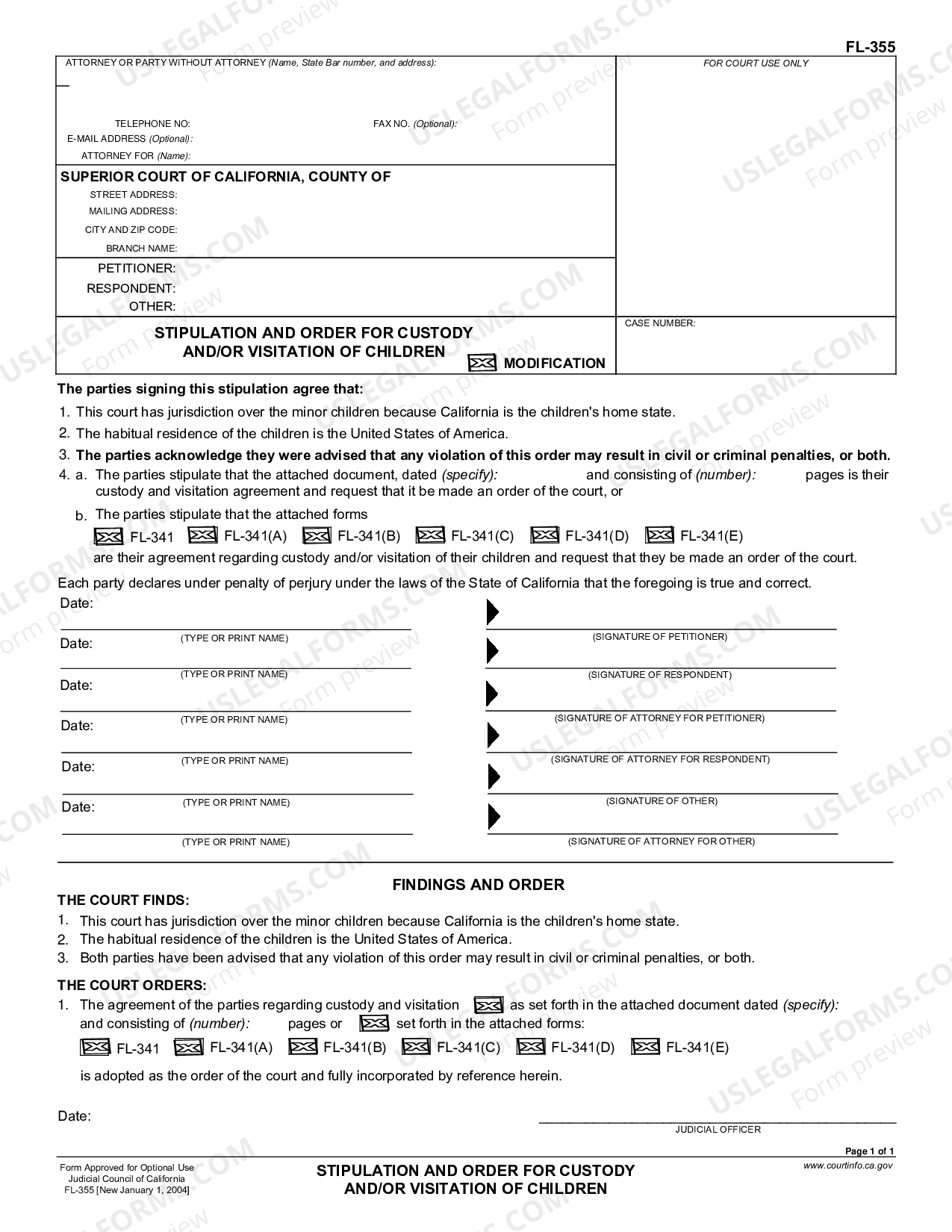 California Stipulation and Order for Custody and / or Visitation of ...