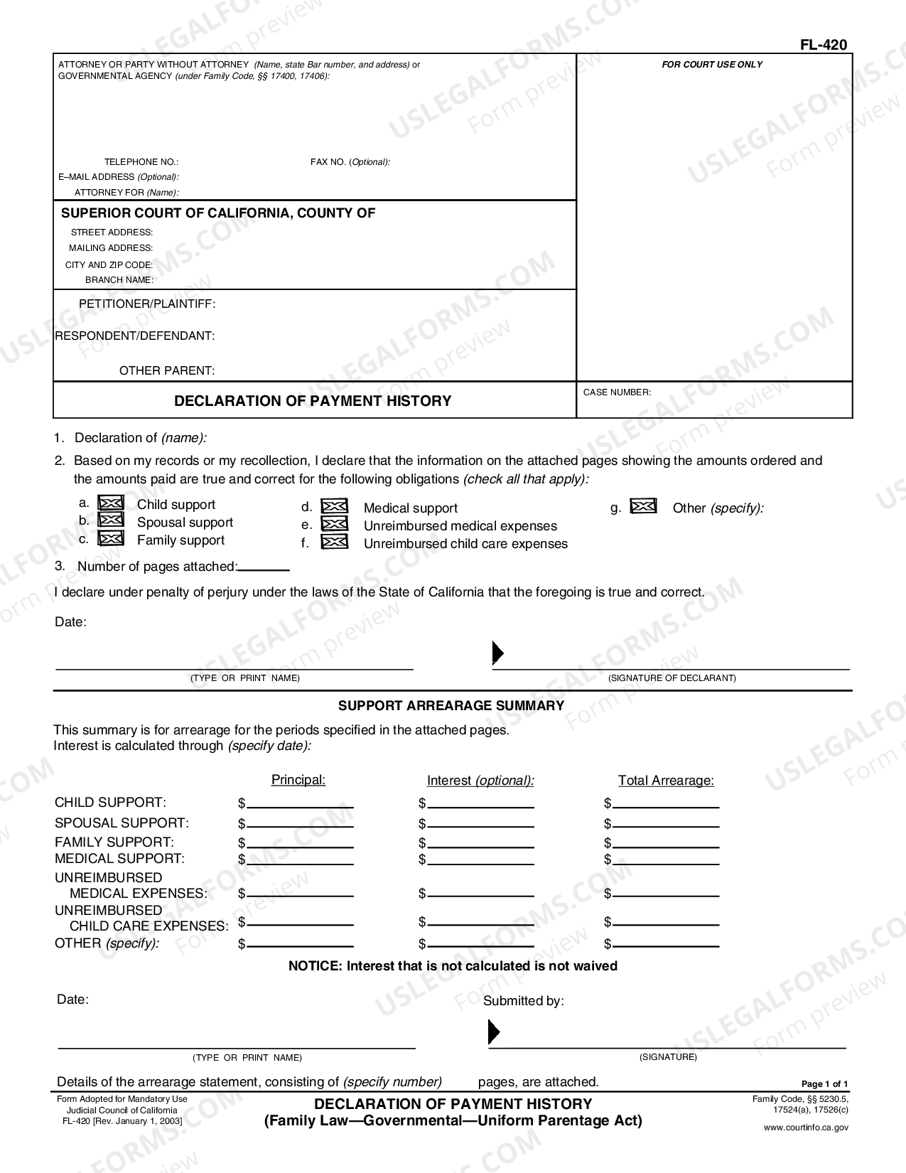 California Declaration of Support Arrearage - Family Law - Governmental ...