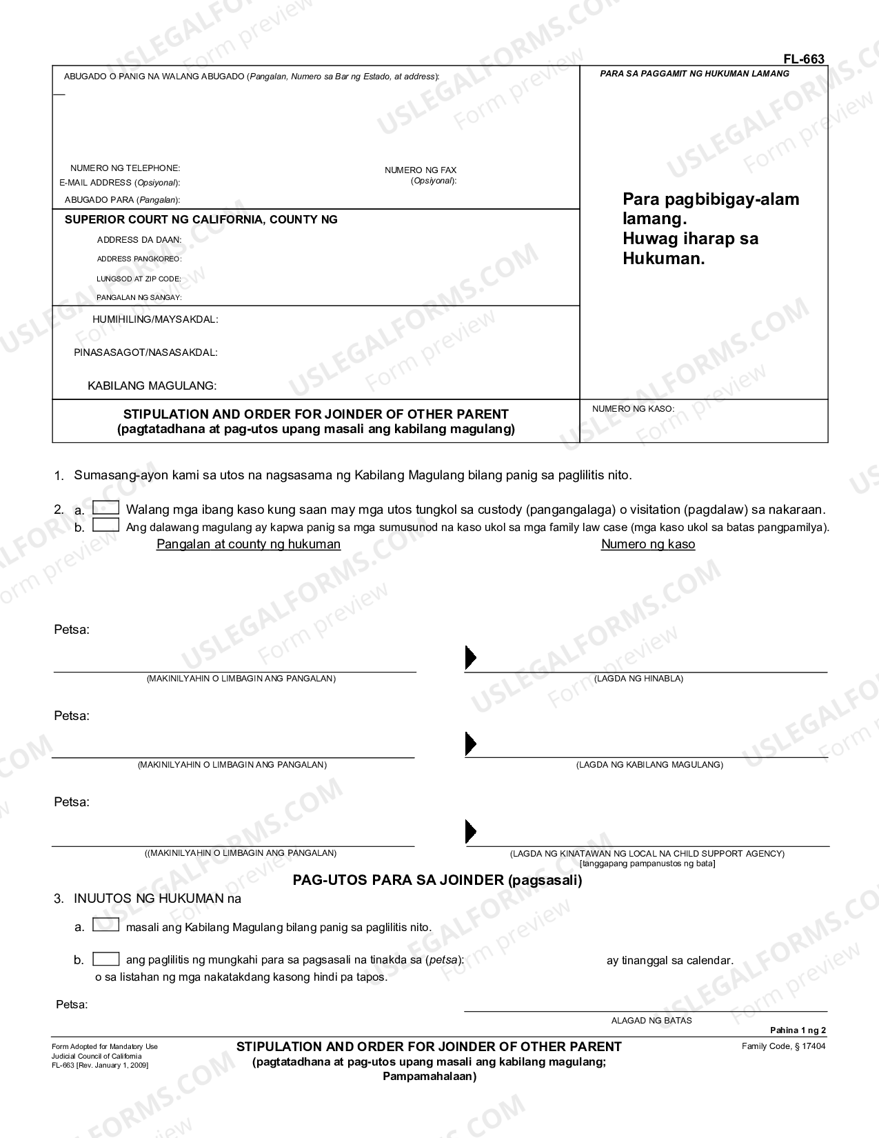 California Stipulation and Order for Joinder of Other Parent ...