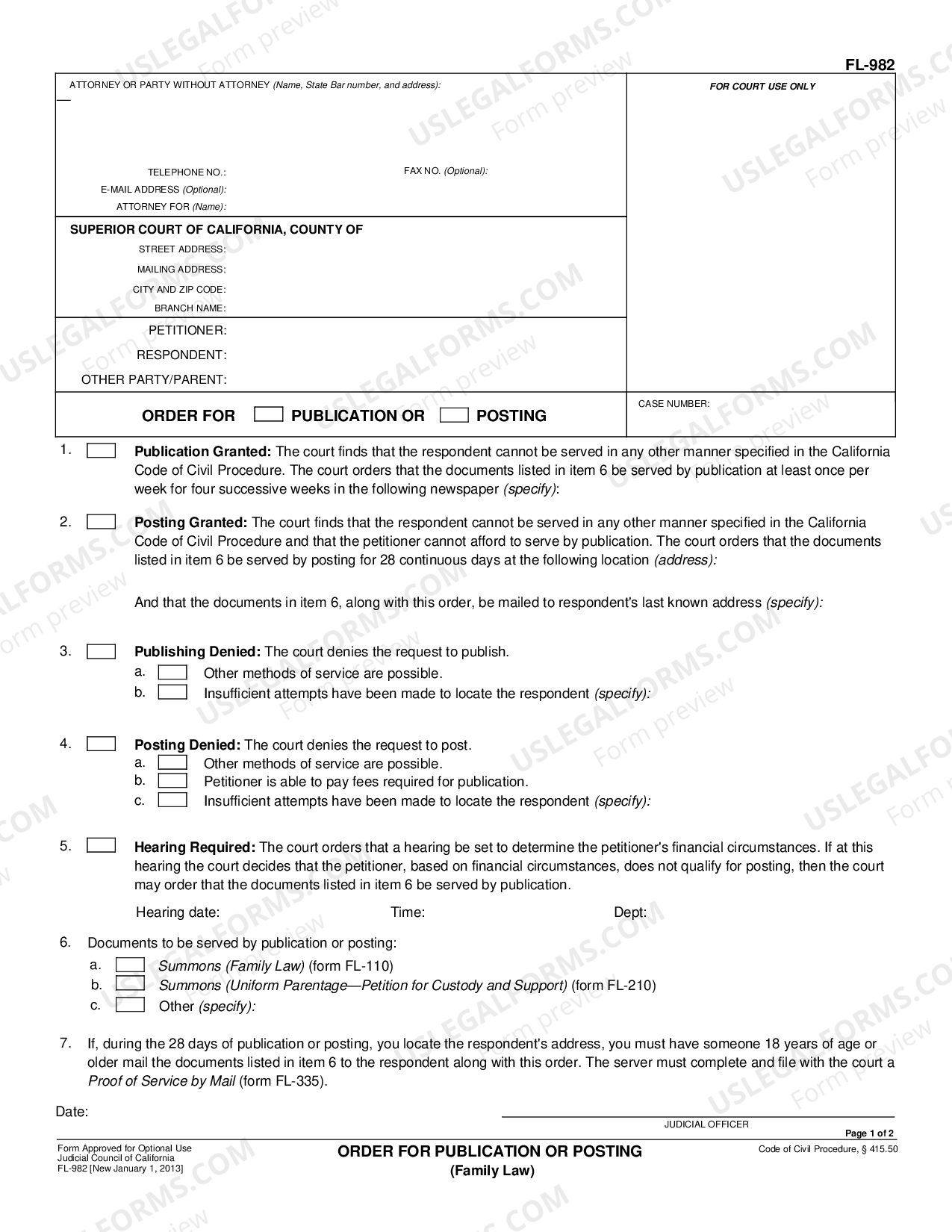 California Order for Publication or Posting - Fl 982 | US Legal Forms