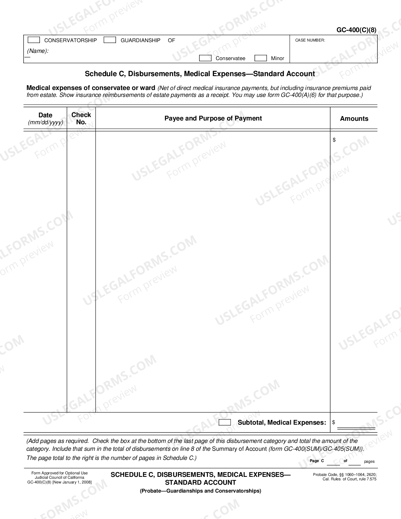 California Schedule C, Disbursements, Medical Expenses - Standard ...