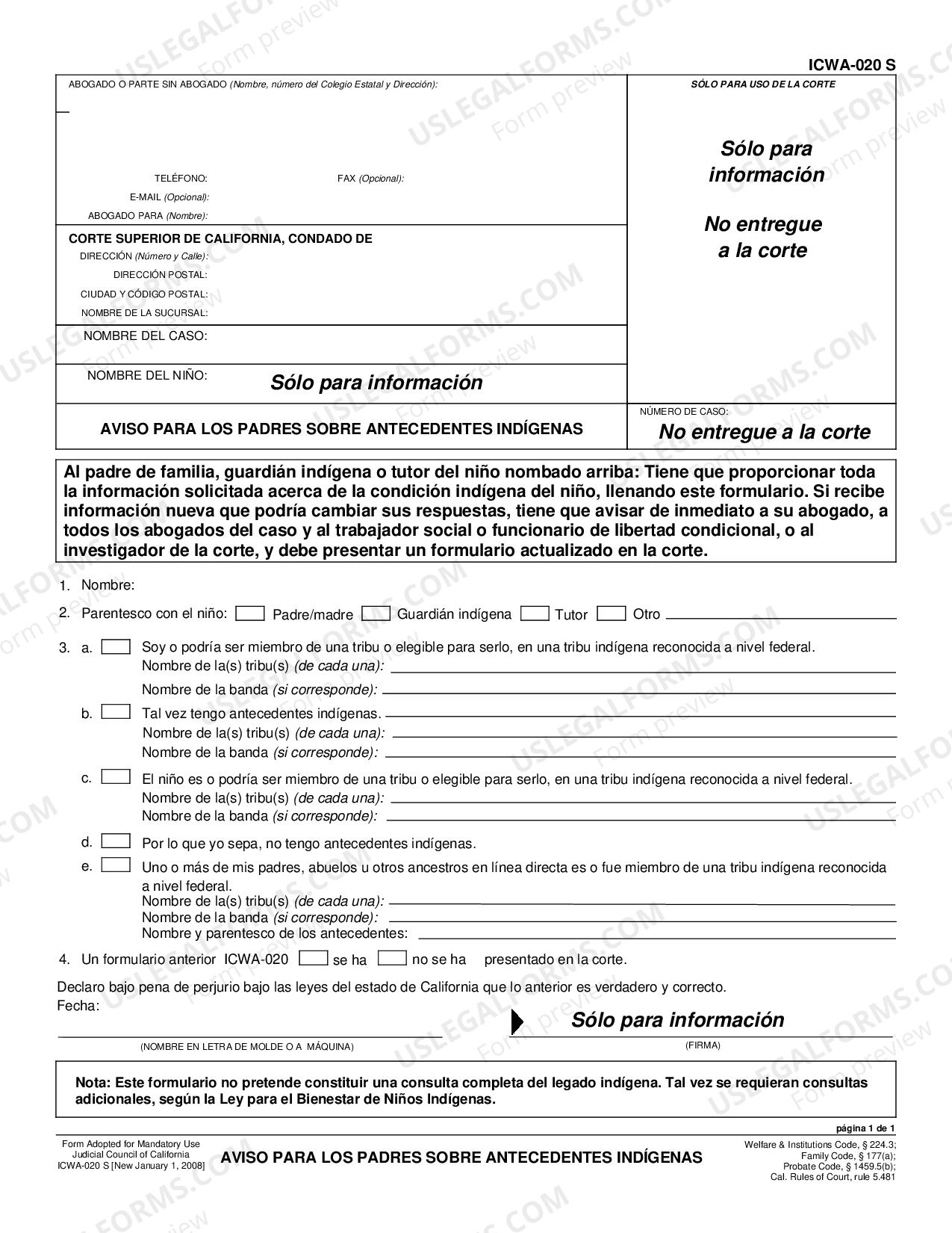 California Parental Notification of Indian Status - Spanish - Icwa 020 ...