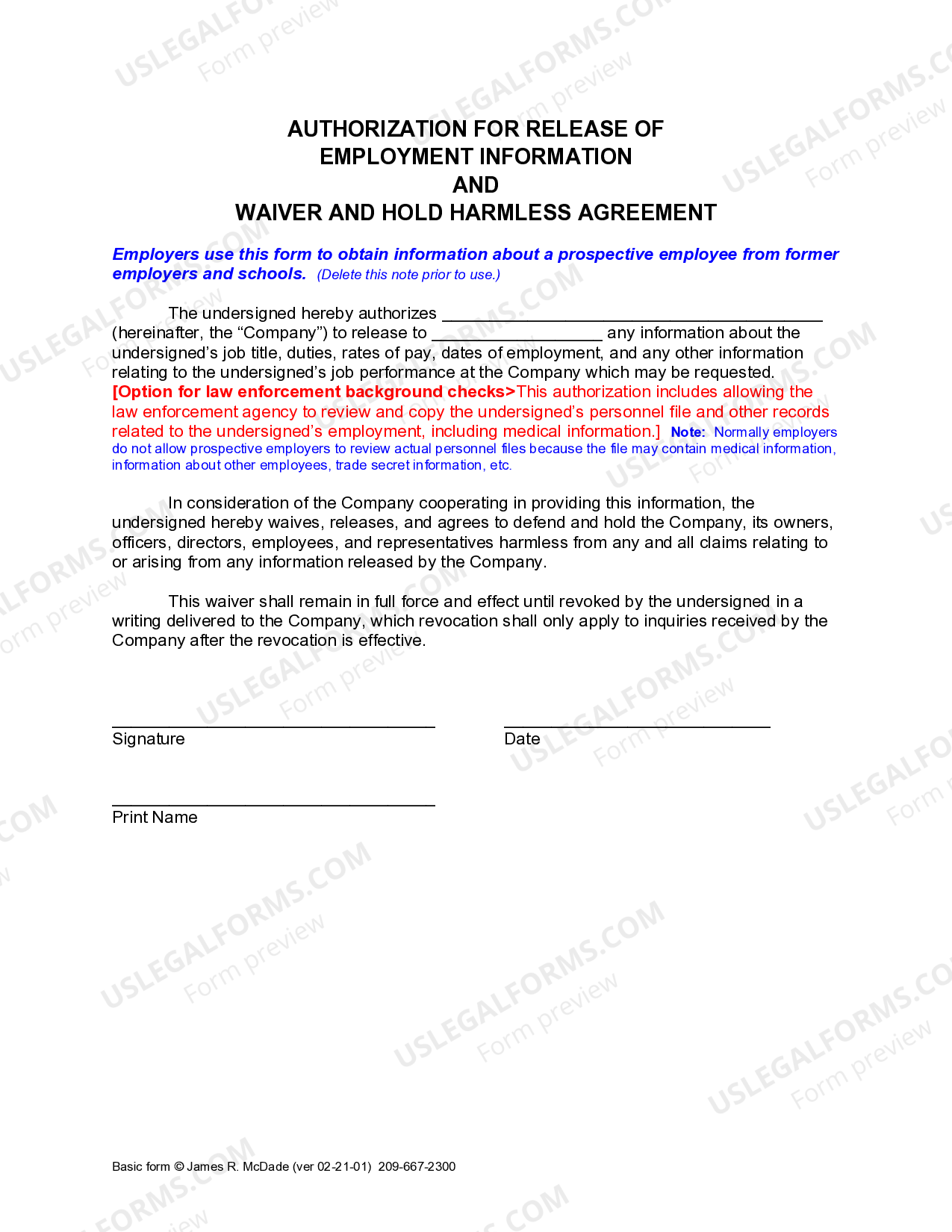 California Authorization for Release of Employment Information ...