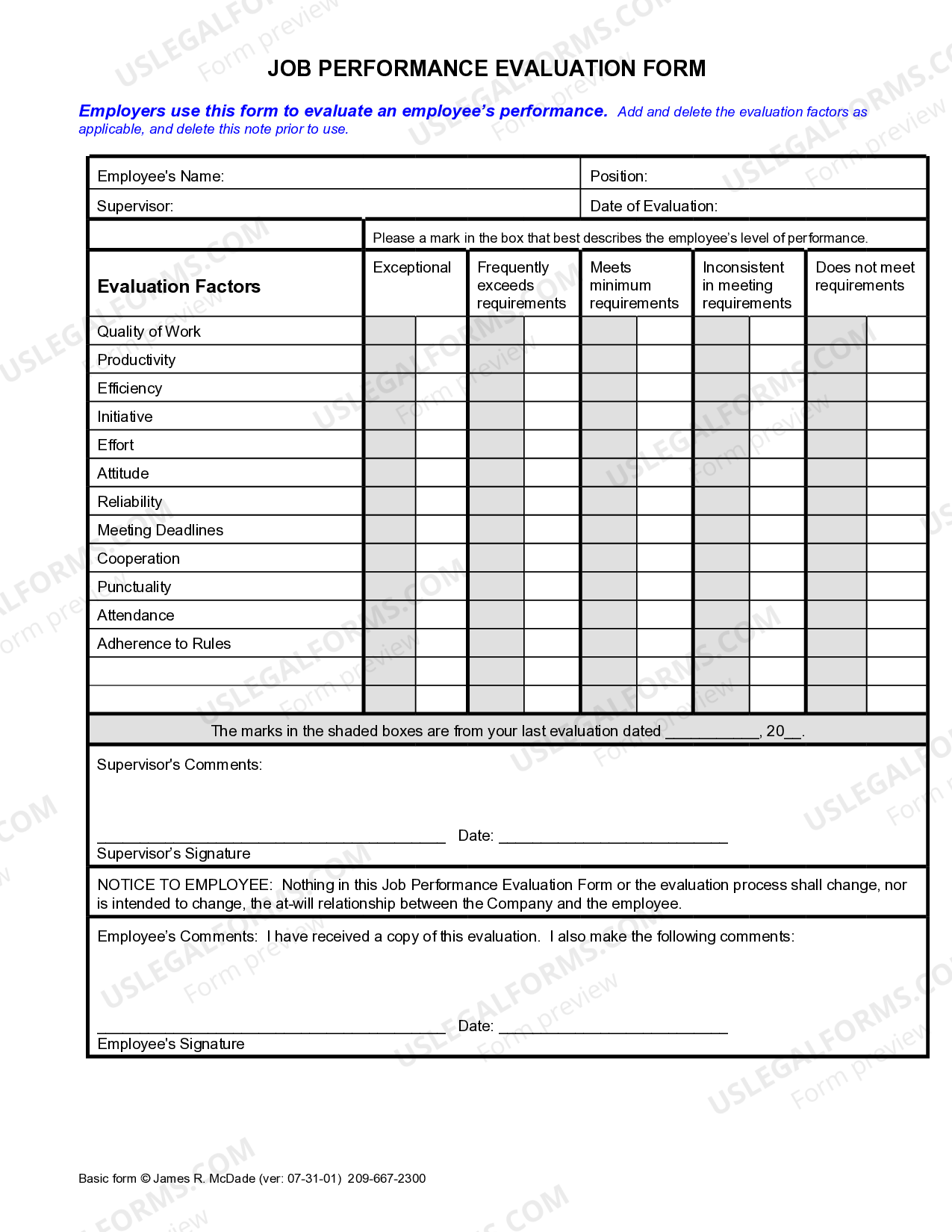 California Job Performance Evaluation Form | US Legal Forms