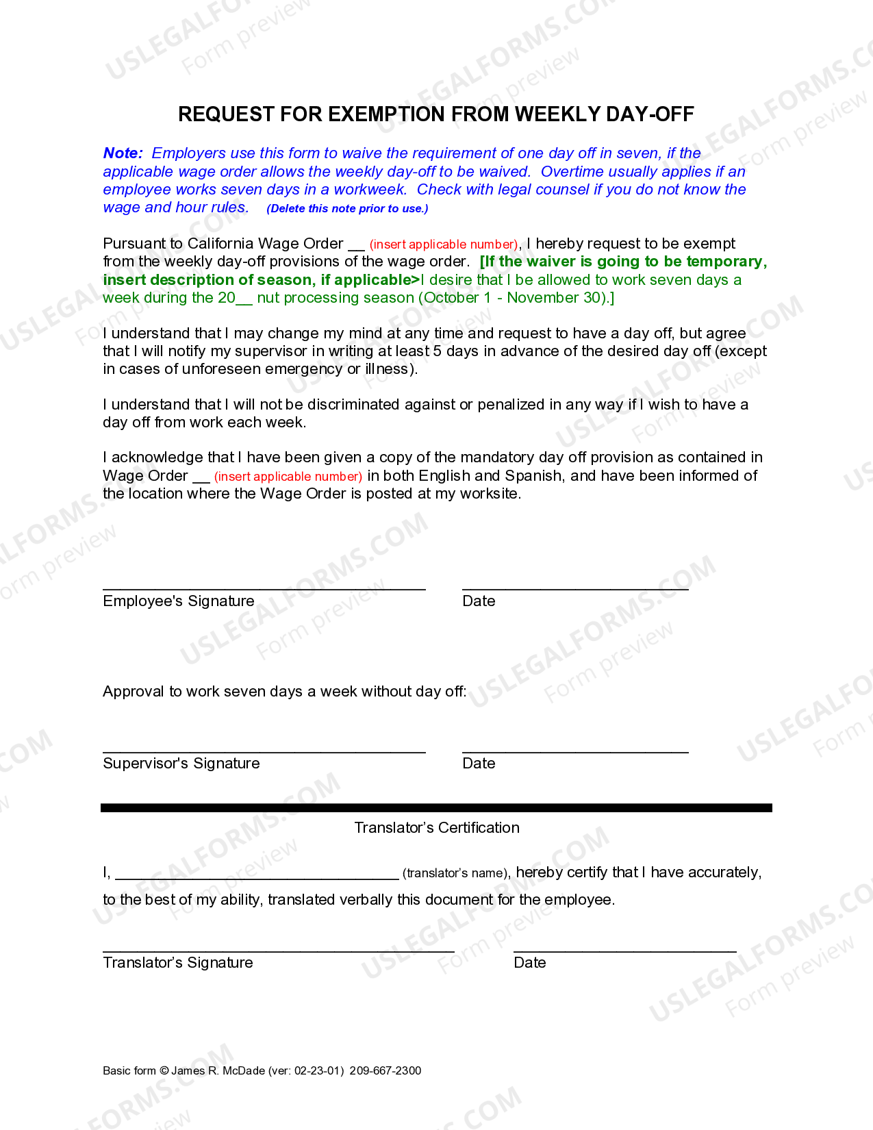 California Request for Exemption from Mandatory Day Off - California ...