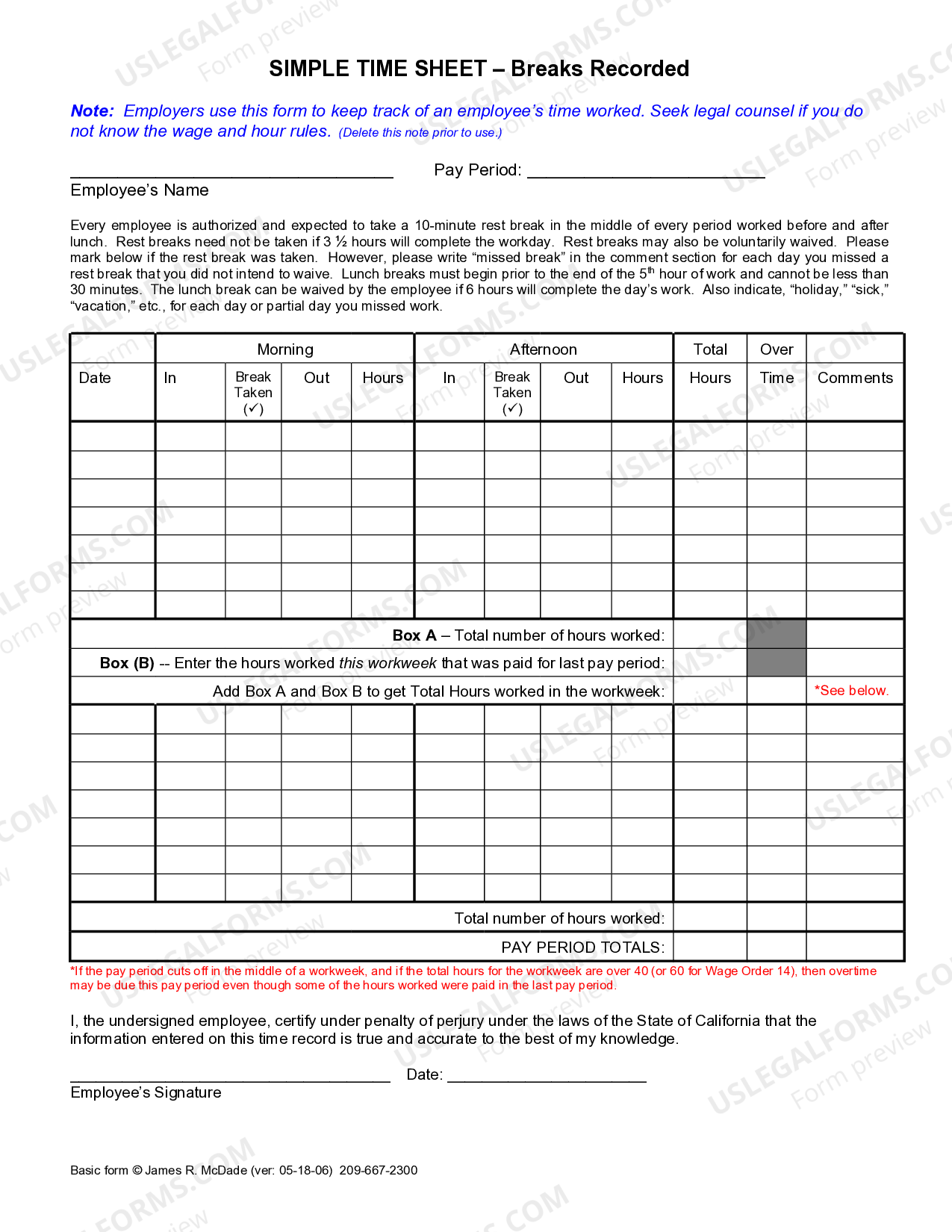 California Simple Time Sheet With Breaks Recorded - Time Breaks | US ...