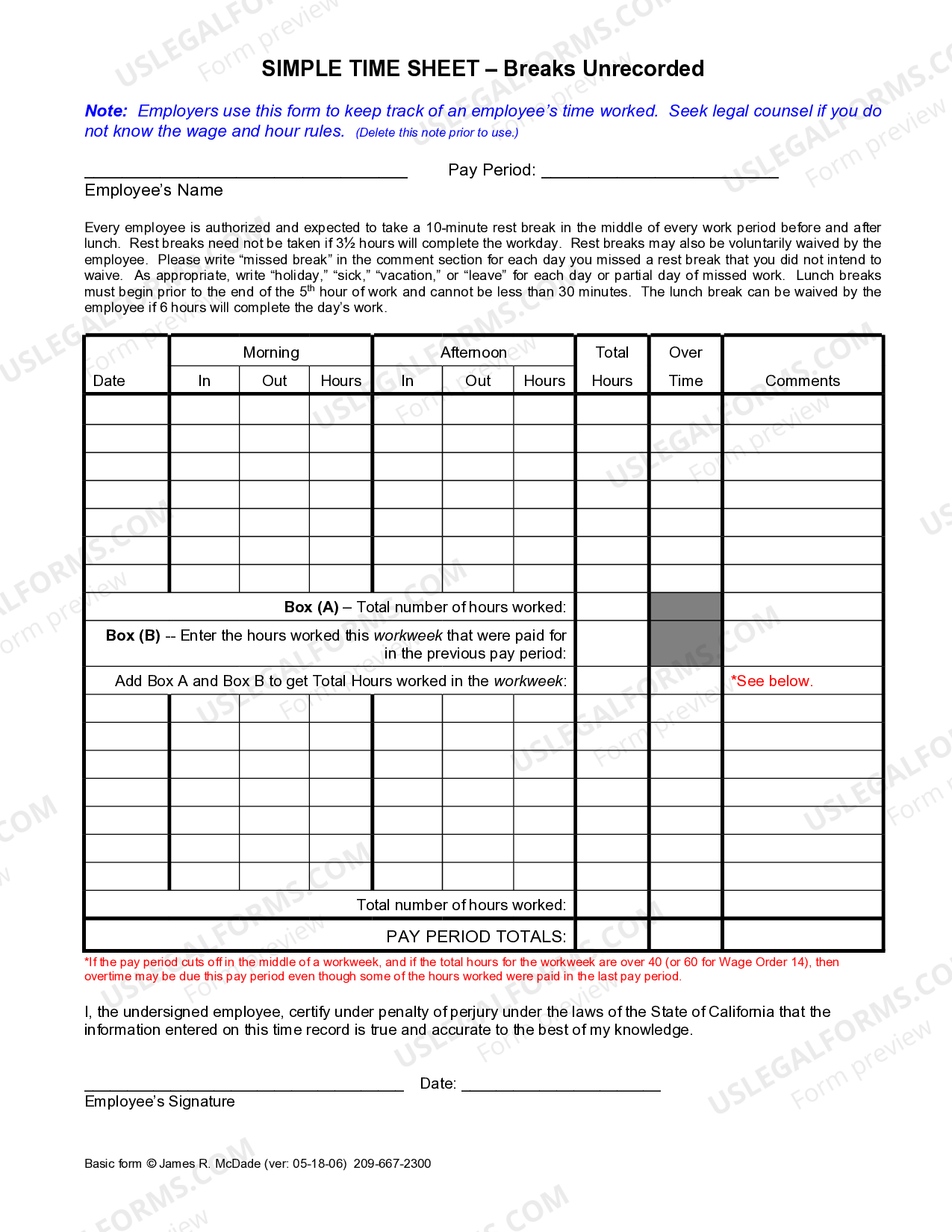California Simple Time Sheet with Breaks Unrecorded - With Breaks | US ...