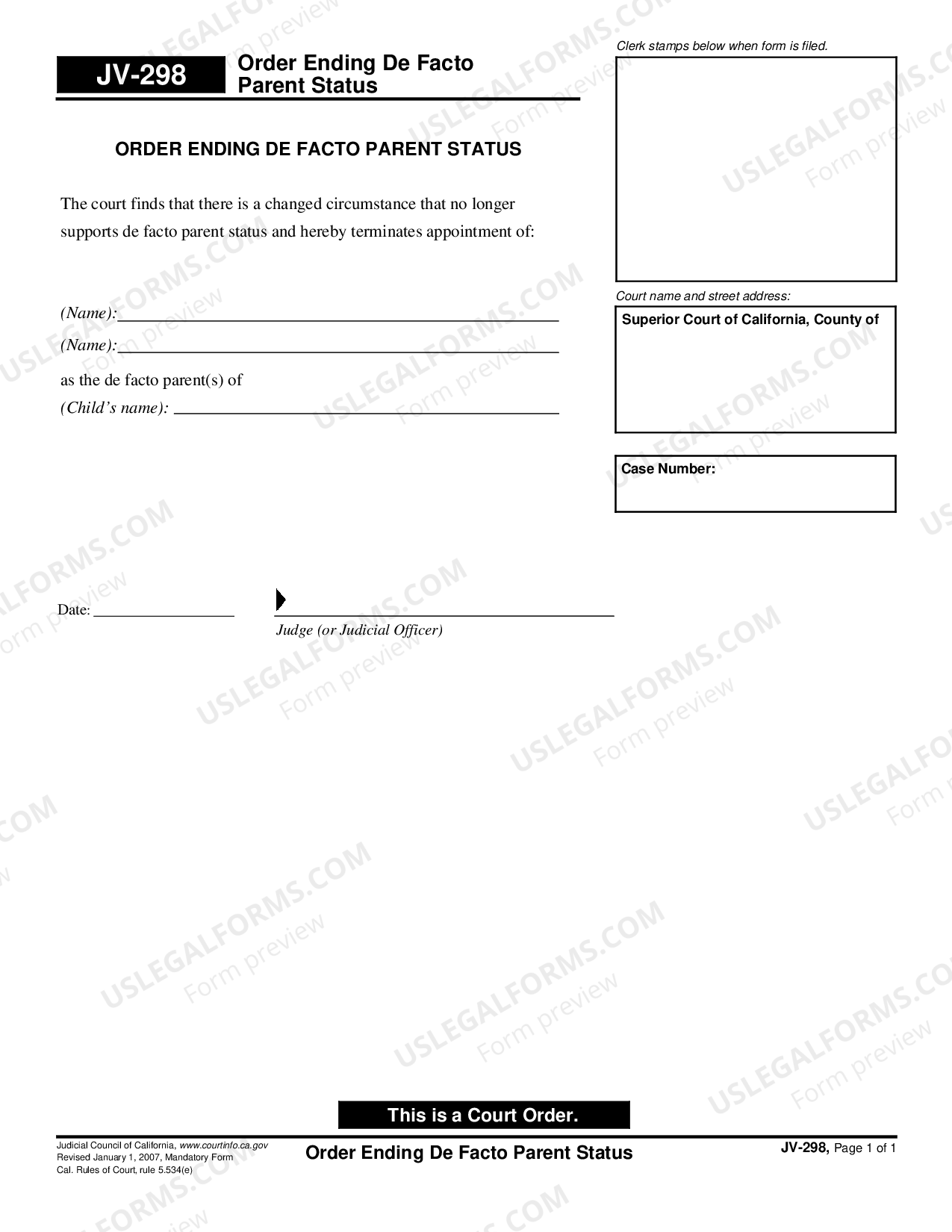 Alameda California Order Ending De Facto Parent Status | US Legal Forms