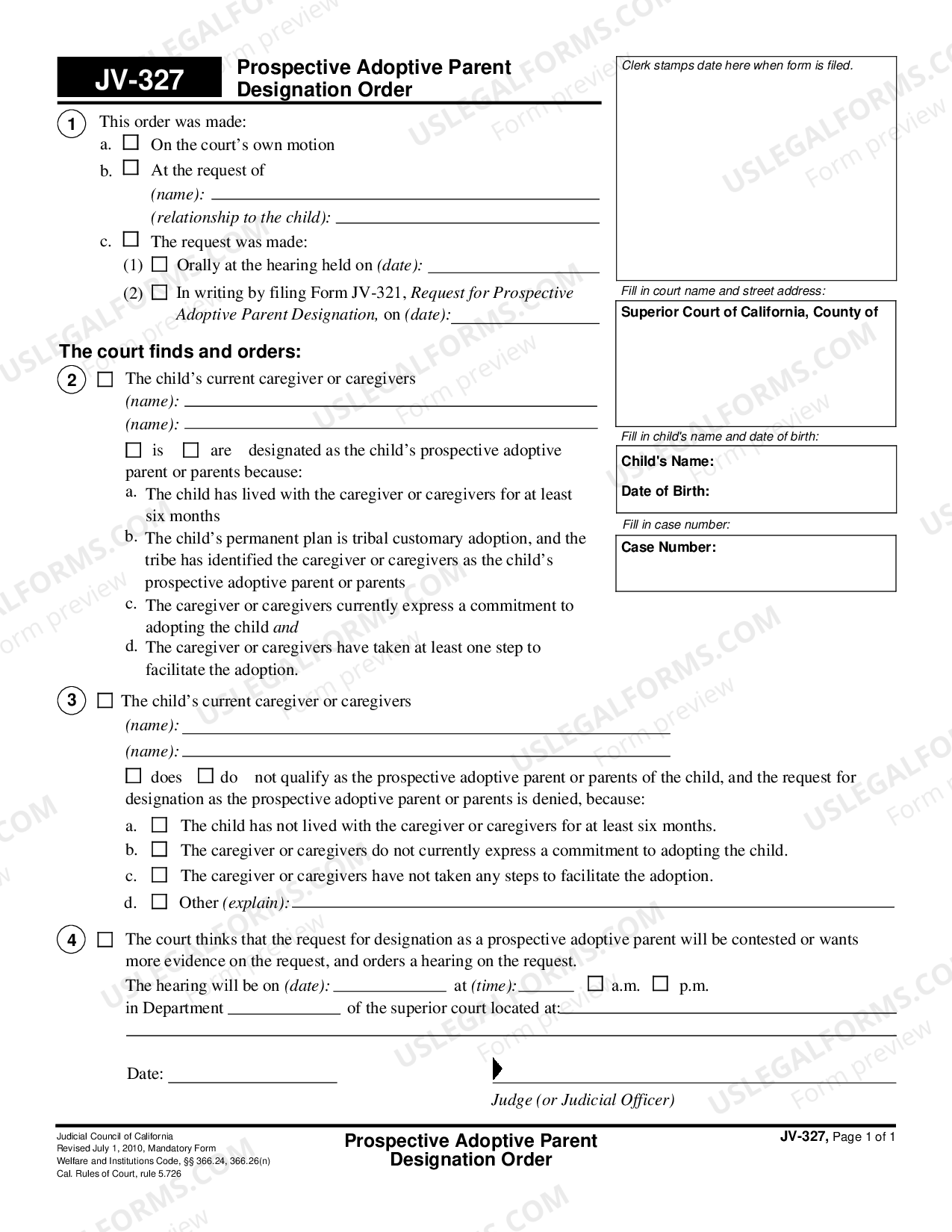 California Prospective Adoptive Parent Designation Order | US Legal Forms