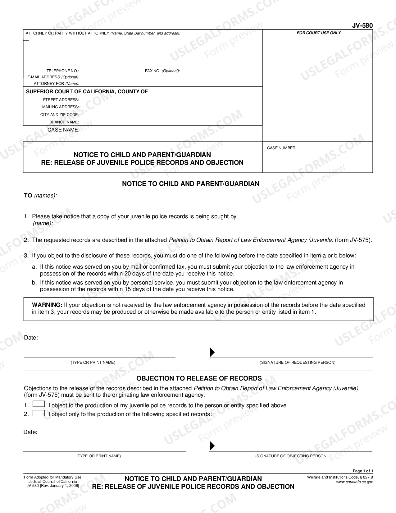 California Notice to Child and Parent Guardian Regarding Release of ...