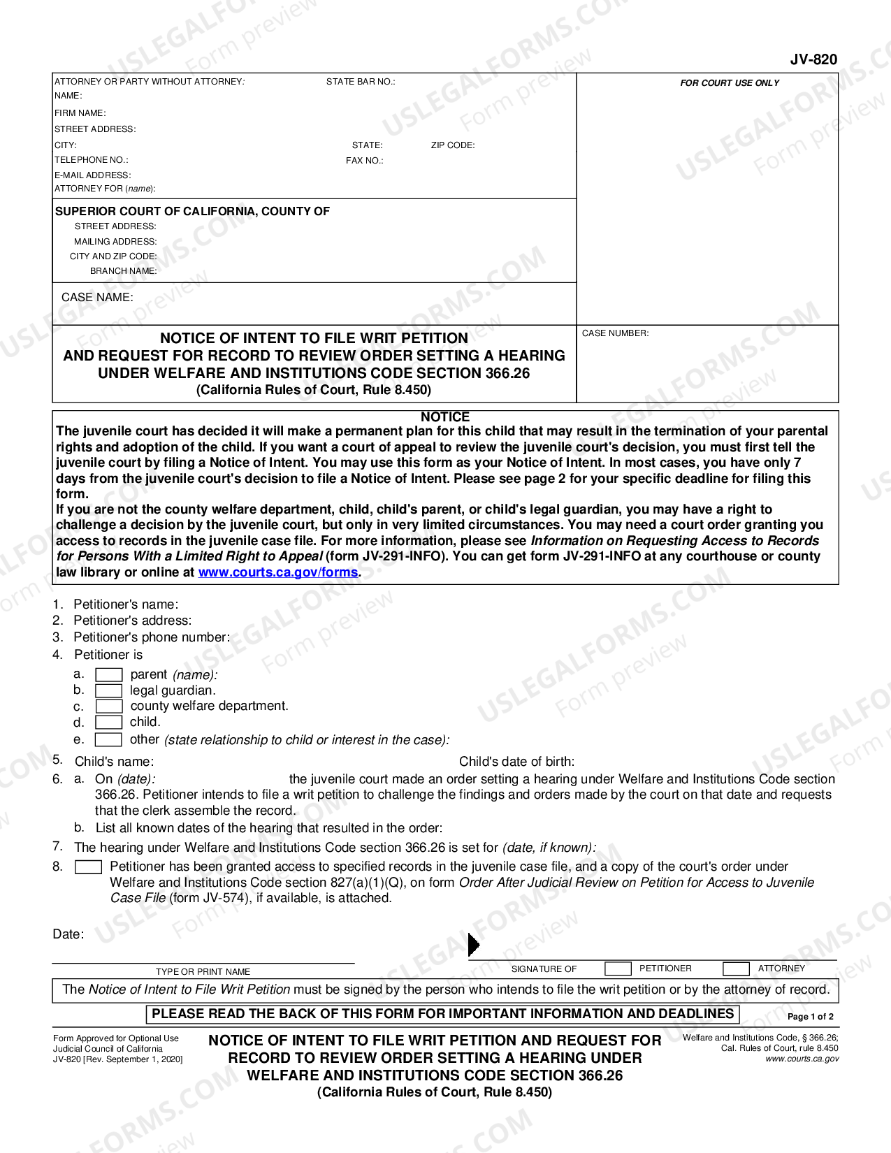 California Notice of Intent to File Writ Petition and Request for Record - Rule 39 - Jv 820 | US ...