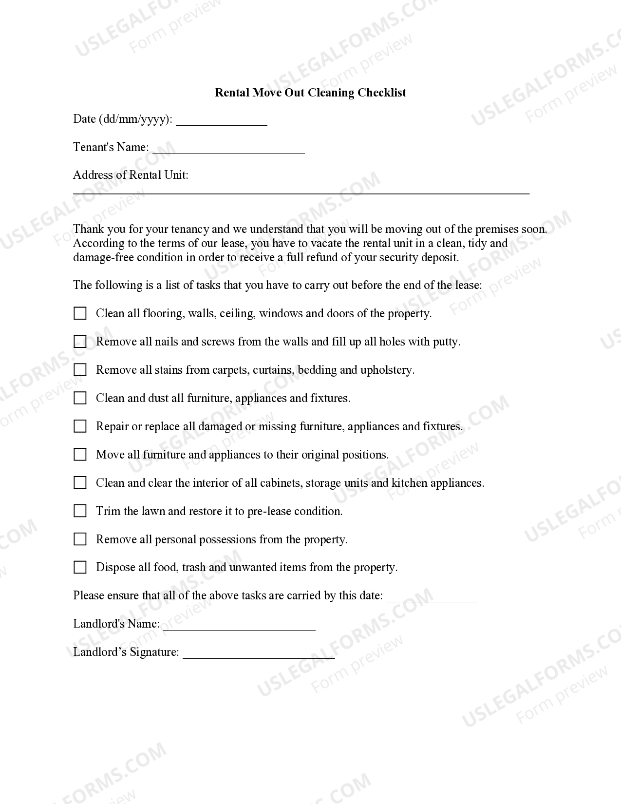 California Rental Move Out Cleaning Checklist | US Legal Forms