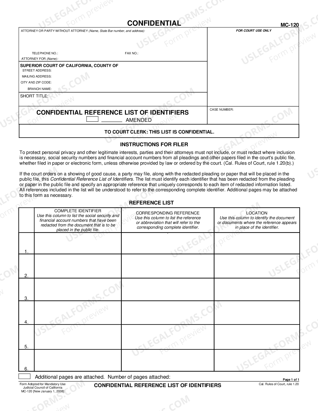 California Confidential Reference List of Identifiers | US Legal Forms
