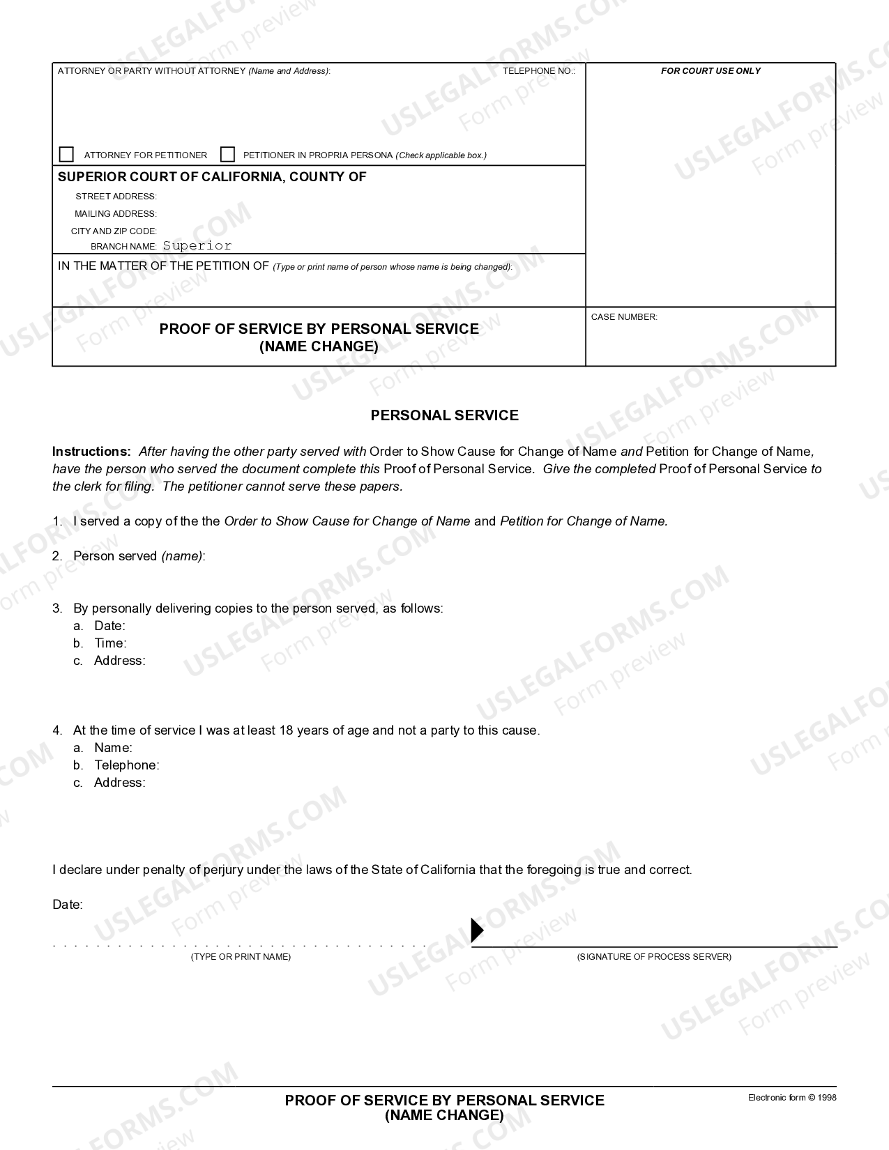 California Proof of Service by Personal Service for Name Change of ...