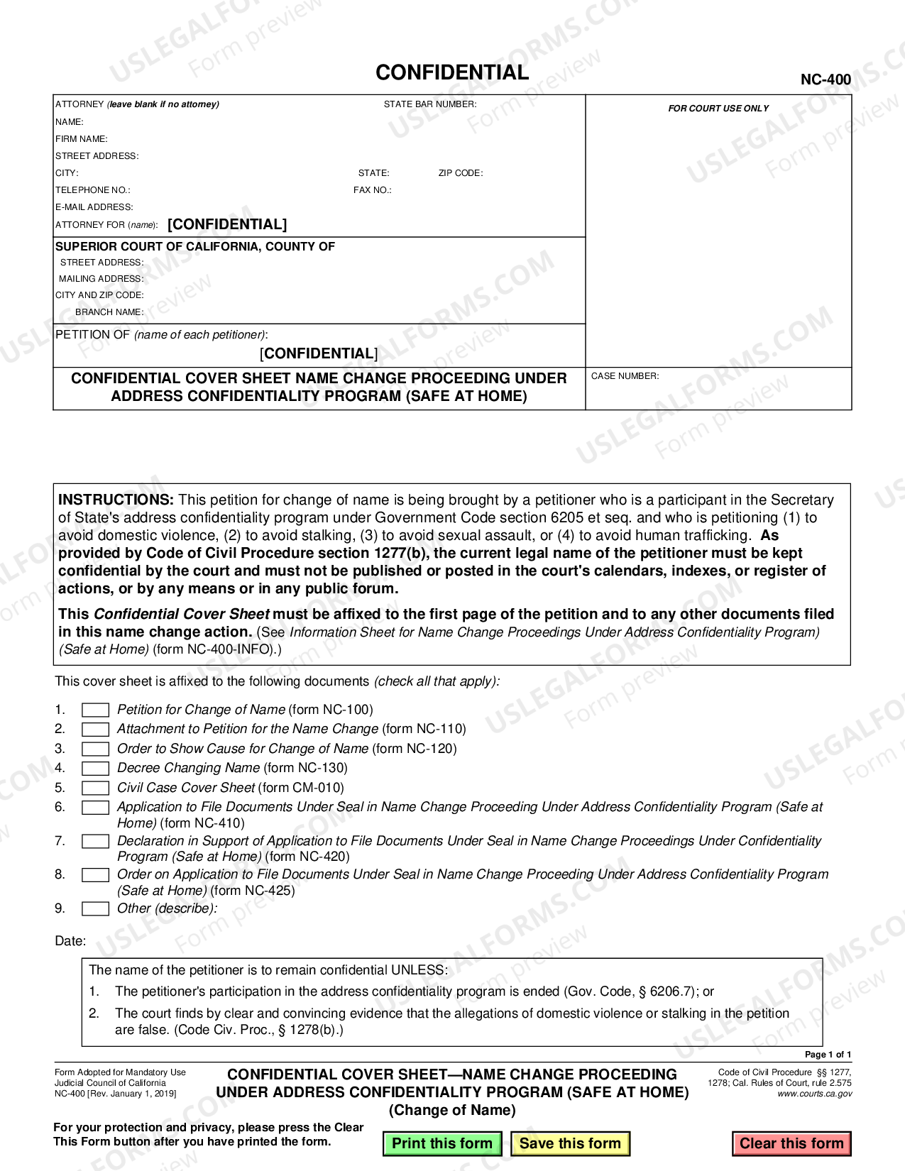 California Confidential Cover Sheet - Name Change Proceeding Under Address Confidentiality ...