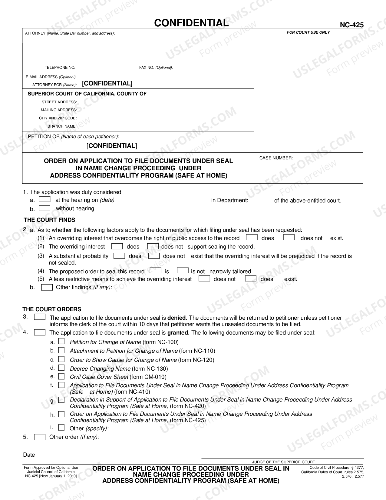 Los Angeles California Order on Application to File Documents Under Seal in Name Change ...