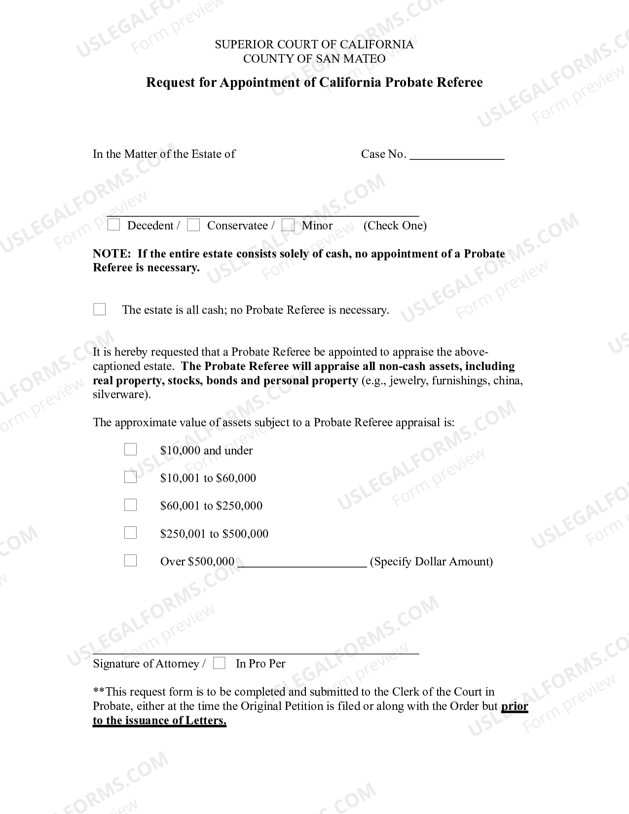 California Request for Appointment of Probate Referee | US Legal Forms
