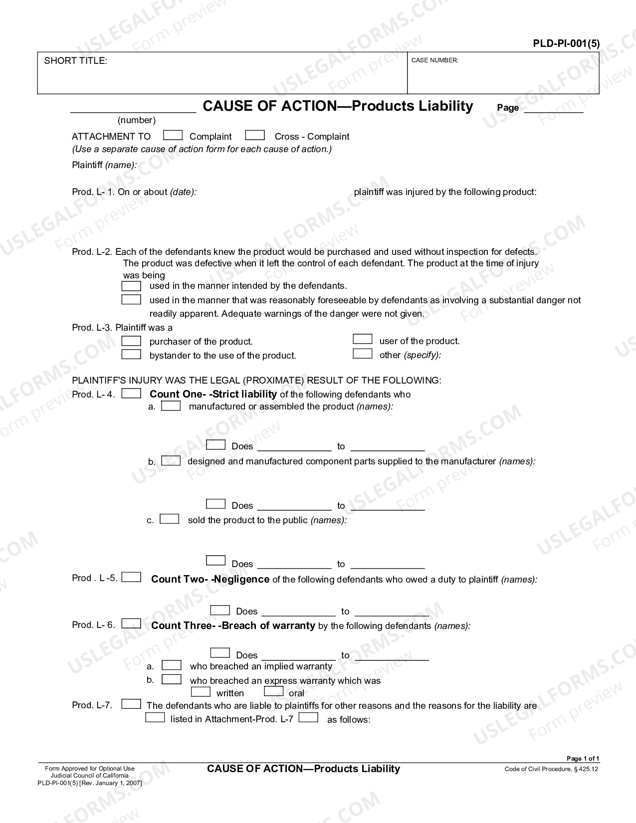 California Cause of Action regarding Products Liability | US Legal Forms