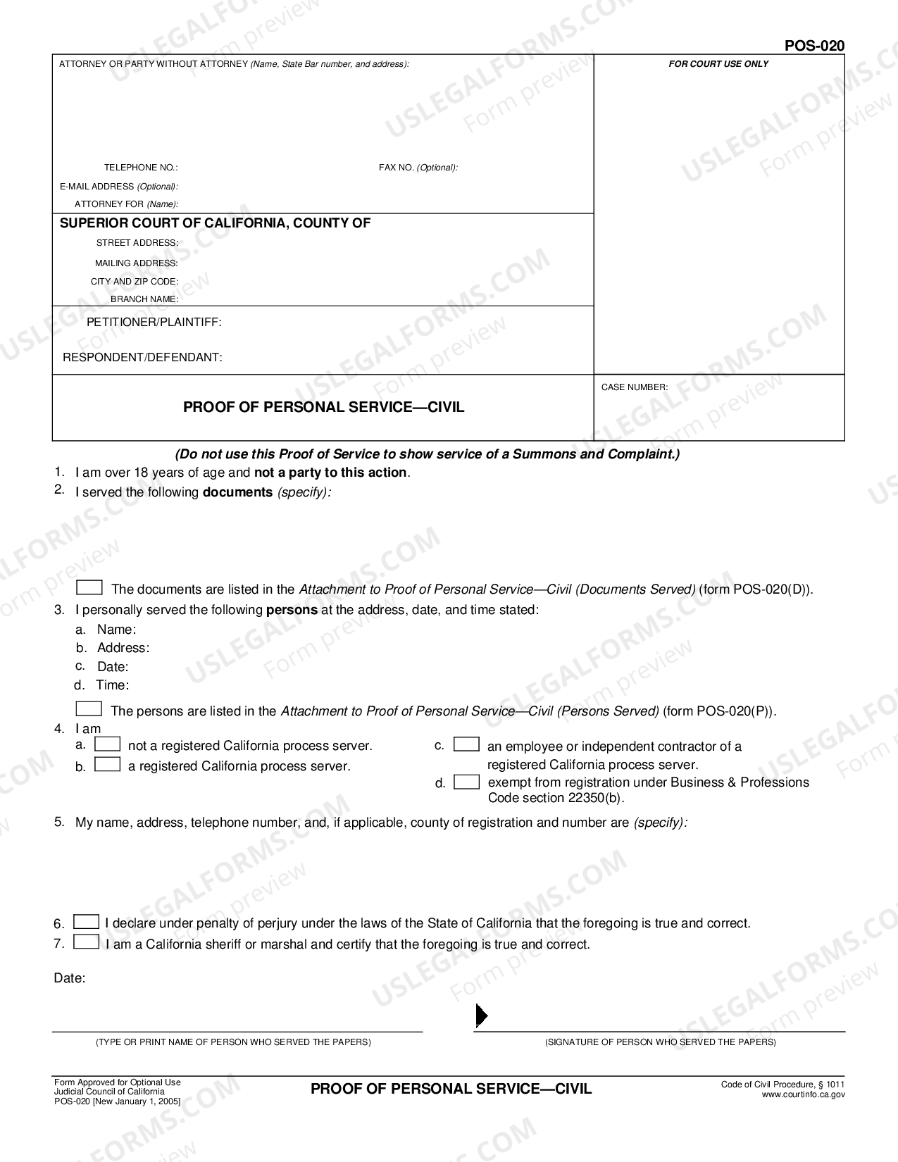 California Proof of Personal Service - Civil | US Legal Forms
